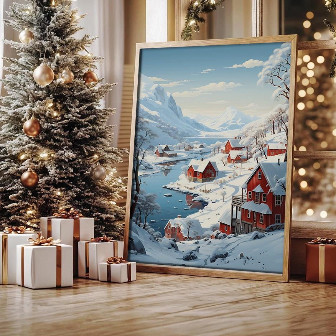 Eastern Print Winter Village Poster Nordic Snow Landscape, Rustic ...