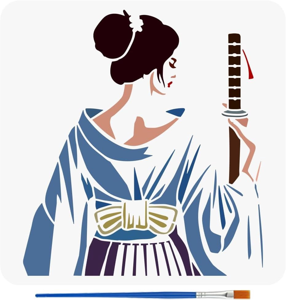 Eastern Samurai Woman Stencil with Paint Brush 11.8x11.8inch Reusable ...