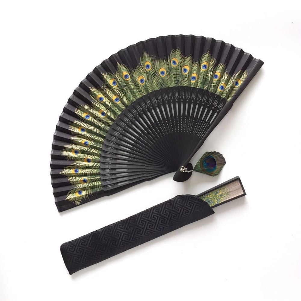 Eastern Wind black peacock hand folding fan, handheld foldable silk ...