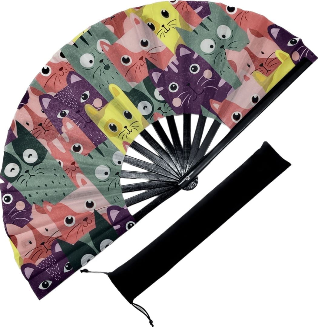 Eastern Wind large bamboo hand folding fan， cats dogs print 13.3in ...