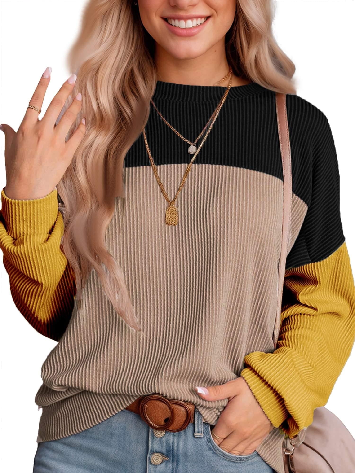 Easther Womens Fashion 2024 Color Block Long Sleeve Crewneck Knitted ...
