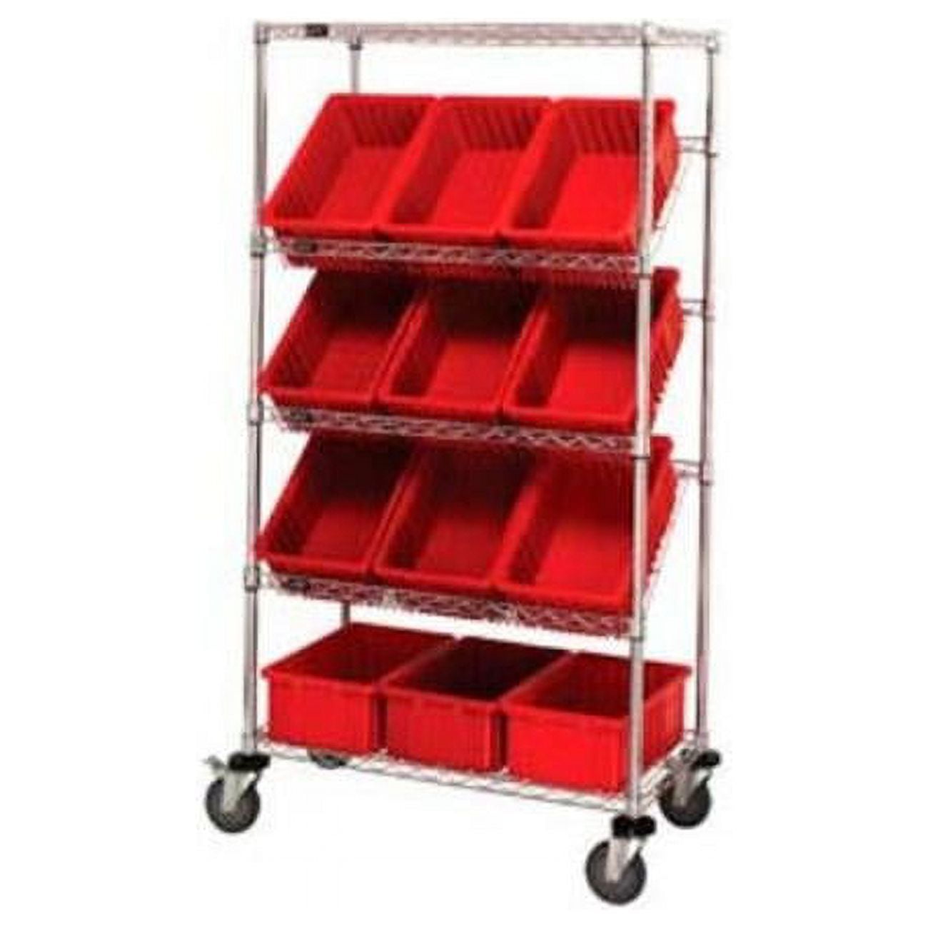 Easy Access Slant Shelf Chrome Wire Cart with 12 8 in. Grid Containers ...