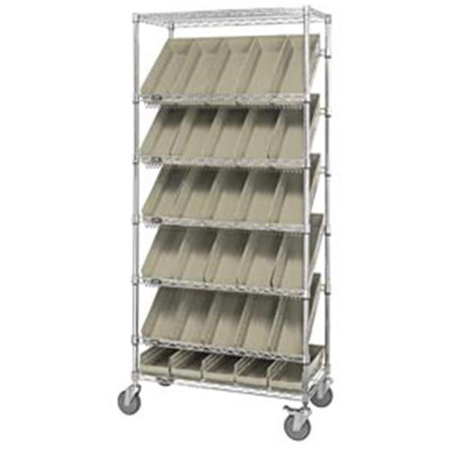 Easy Access Slant Shelf Chrome Wire Cart with 30 4 in. Shelf Bins ...