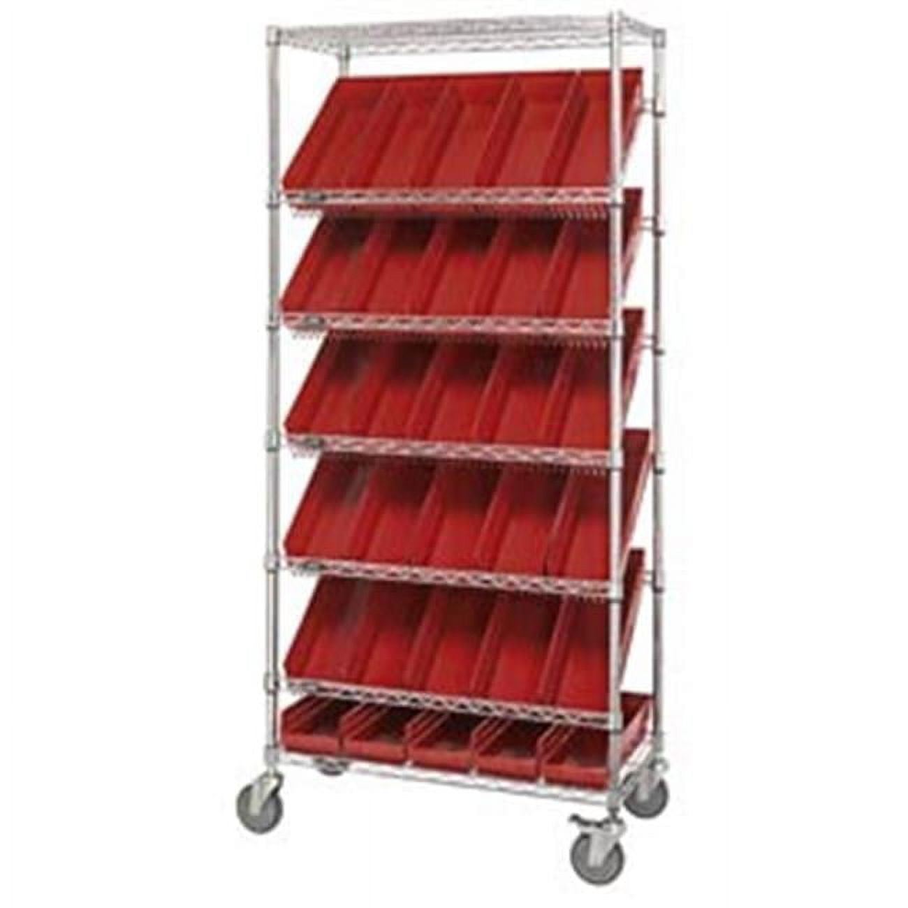 Easy Access Slant Shelf Chrome Wire Cart with 30 4 in. Shelf Bins, Red ...