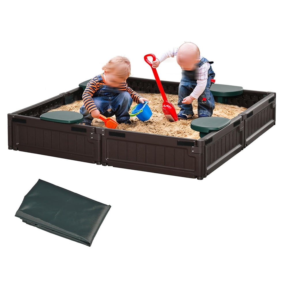 Easy Assembly Round Sandbox, Outdoor Sandbox with Cover Garden Bed for ...