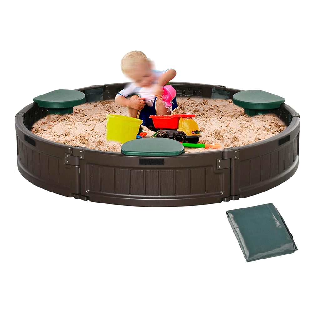 Easy Assembly Round Sandbox, Outdoor Sandbox with Cover Garden Bed for ...