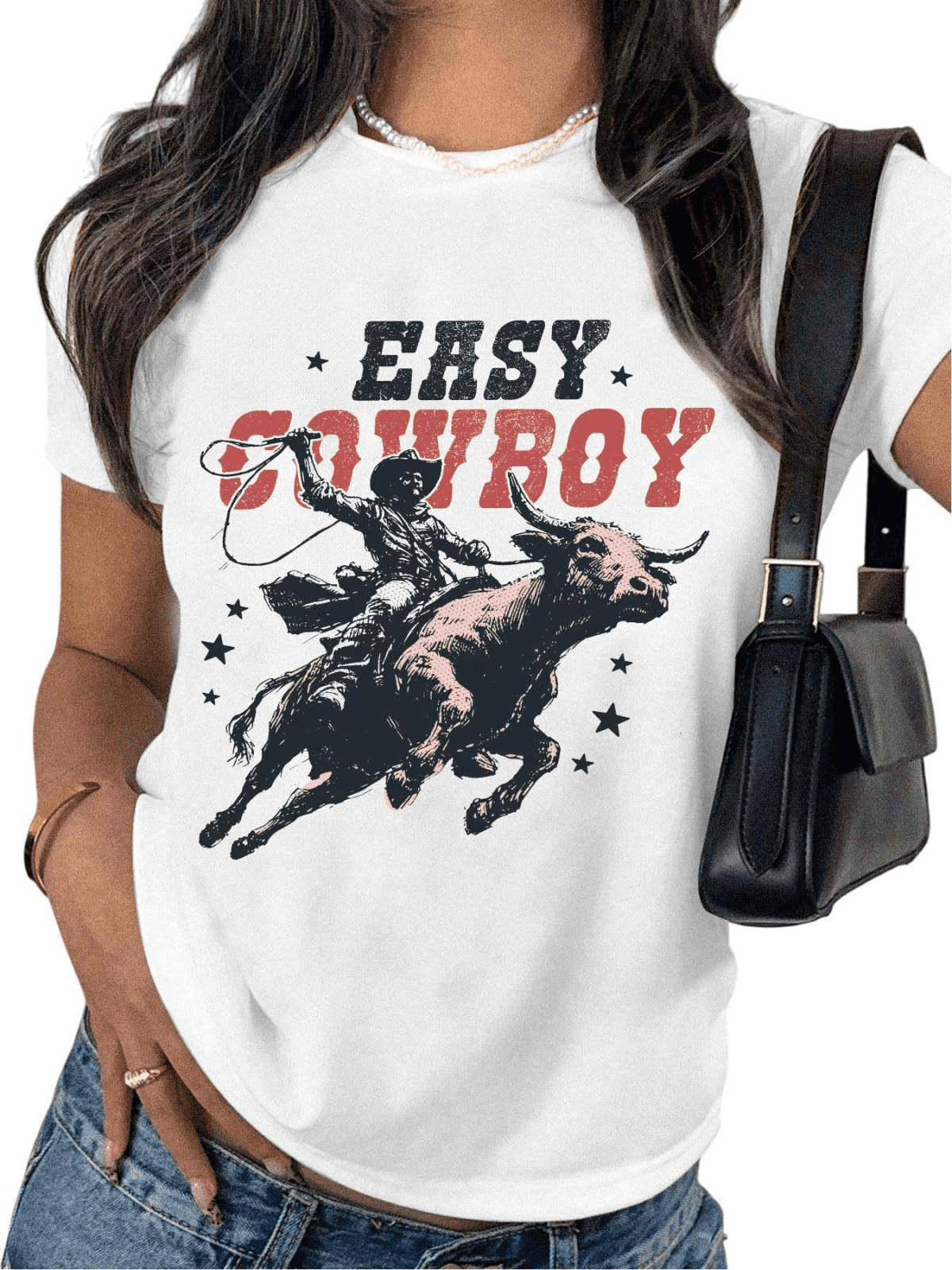 Easy Cowboy Bull Riding Graphic Tees Womans Print T shirt Shirts White ...