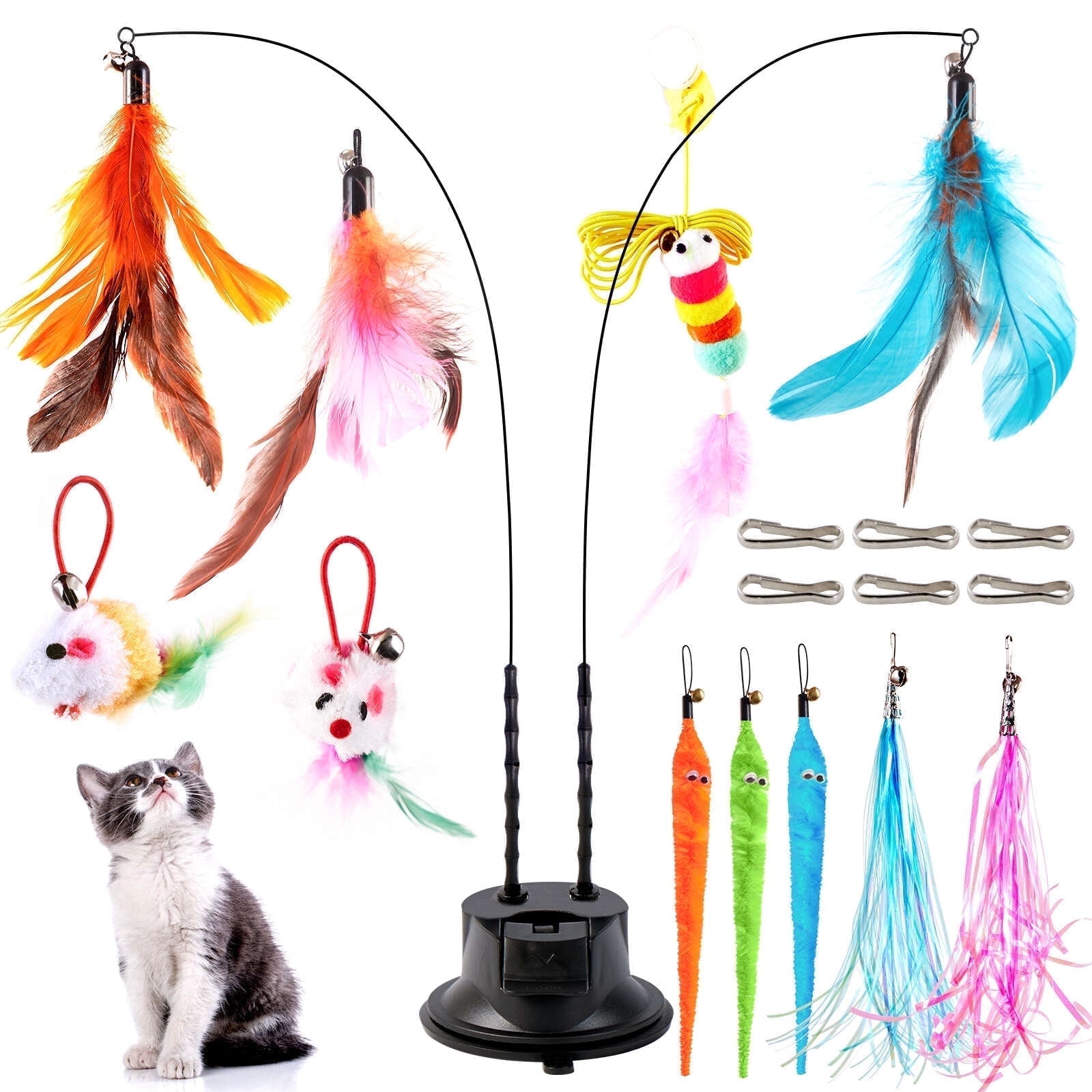 Easy Joy 14pcs Cat Teaser Feather Toy Interactive Pet Cat Toys Double ...