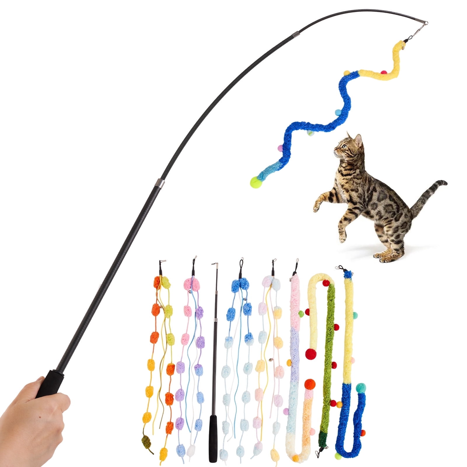 Easy Joy 8pcs Interactive Cat Toys Retractable Plush Cat Teaser Wand ...