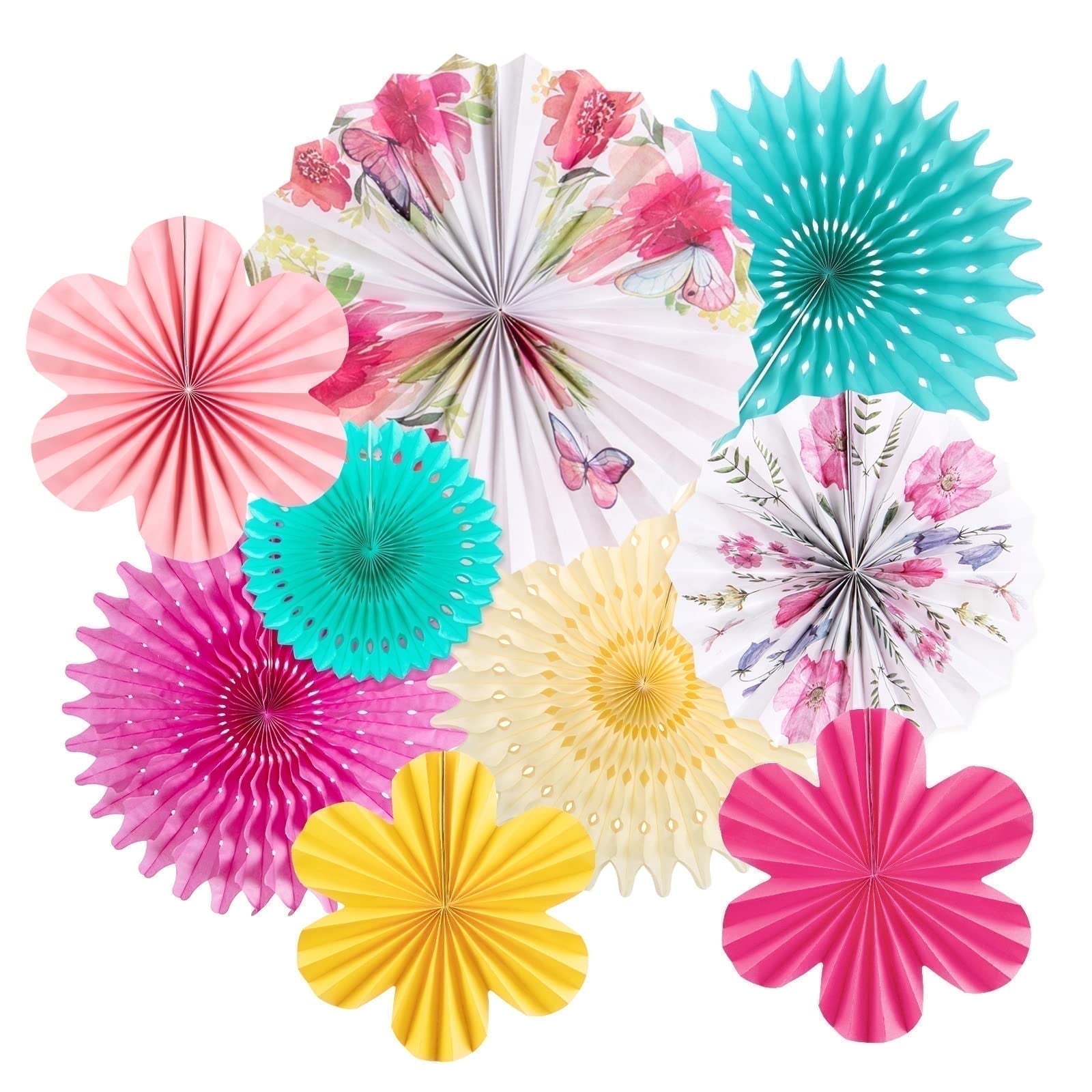 Easy Joy 9pcs Pink Floral Paper Party Decorations Hanging Fans for ...