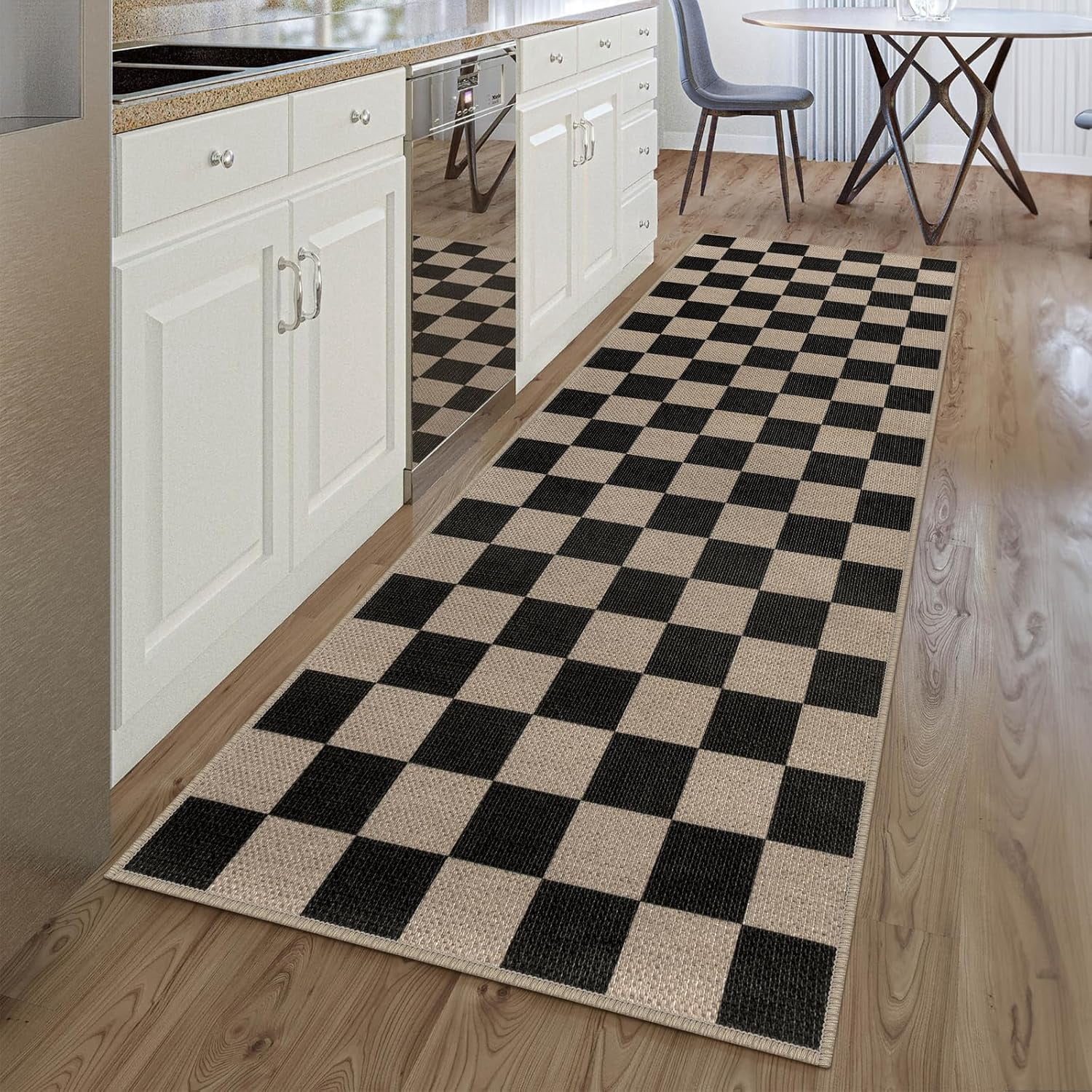 Easy Jute Checkered Runner Rug, 2.6x8 Black Modern Washable Rugs Runner ...