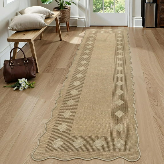 Easy Jute Diamond Runner Rug for Kitchen, Scalloped Washable 2x8 Tan ...