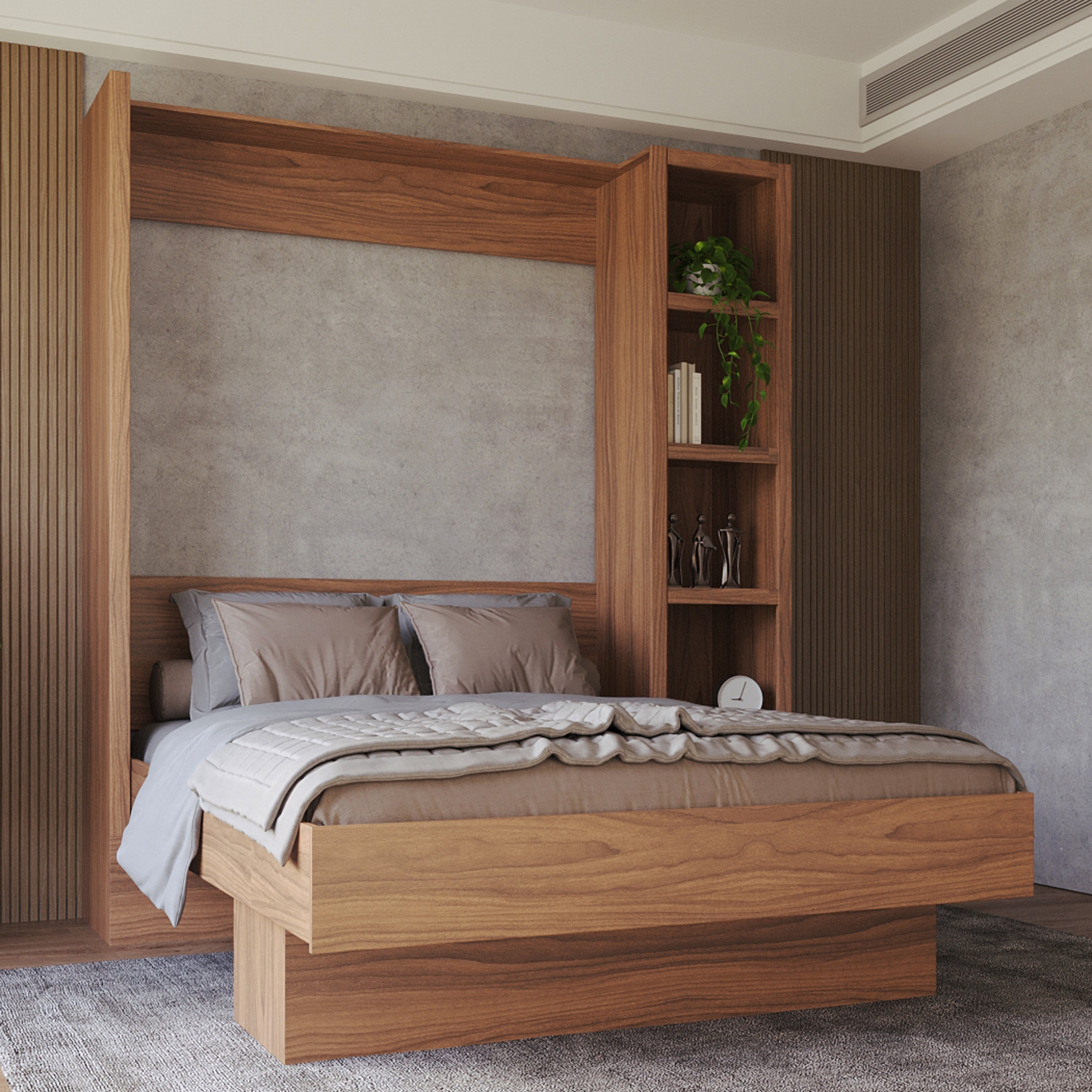 Easy-Lift Queen Murphy Wall Bed in Brown Wood Grain with Bookshelf ...