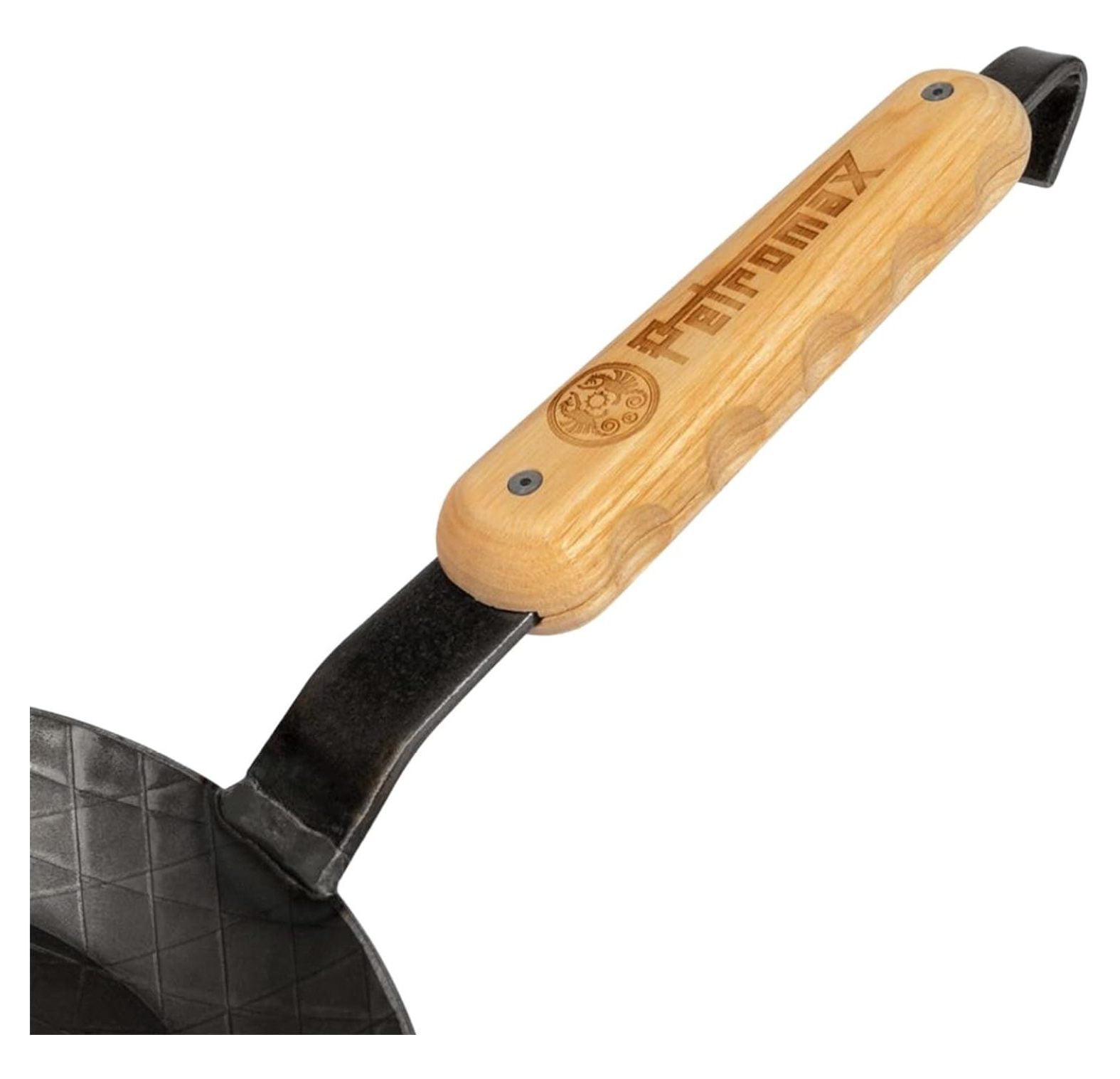 Easy Mount Wooden Handle Wrought Iron Skillet Pan, Secure Ergonomic ...