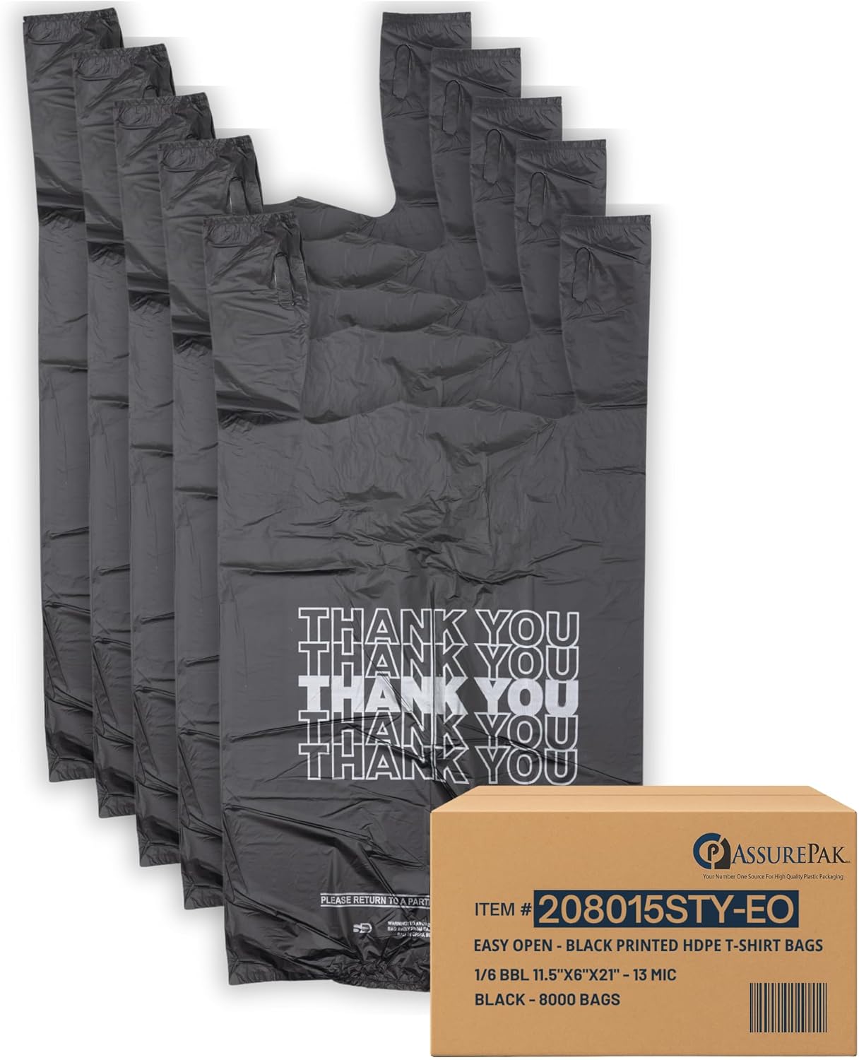 Easy Open - Black Printed HDPE T-Shirt Bags - 1/6 BBL 11.5"X6"X21 ...