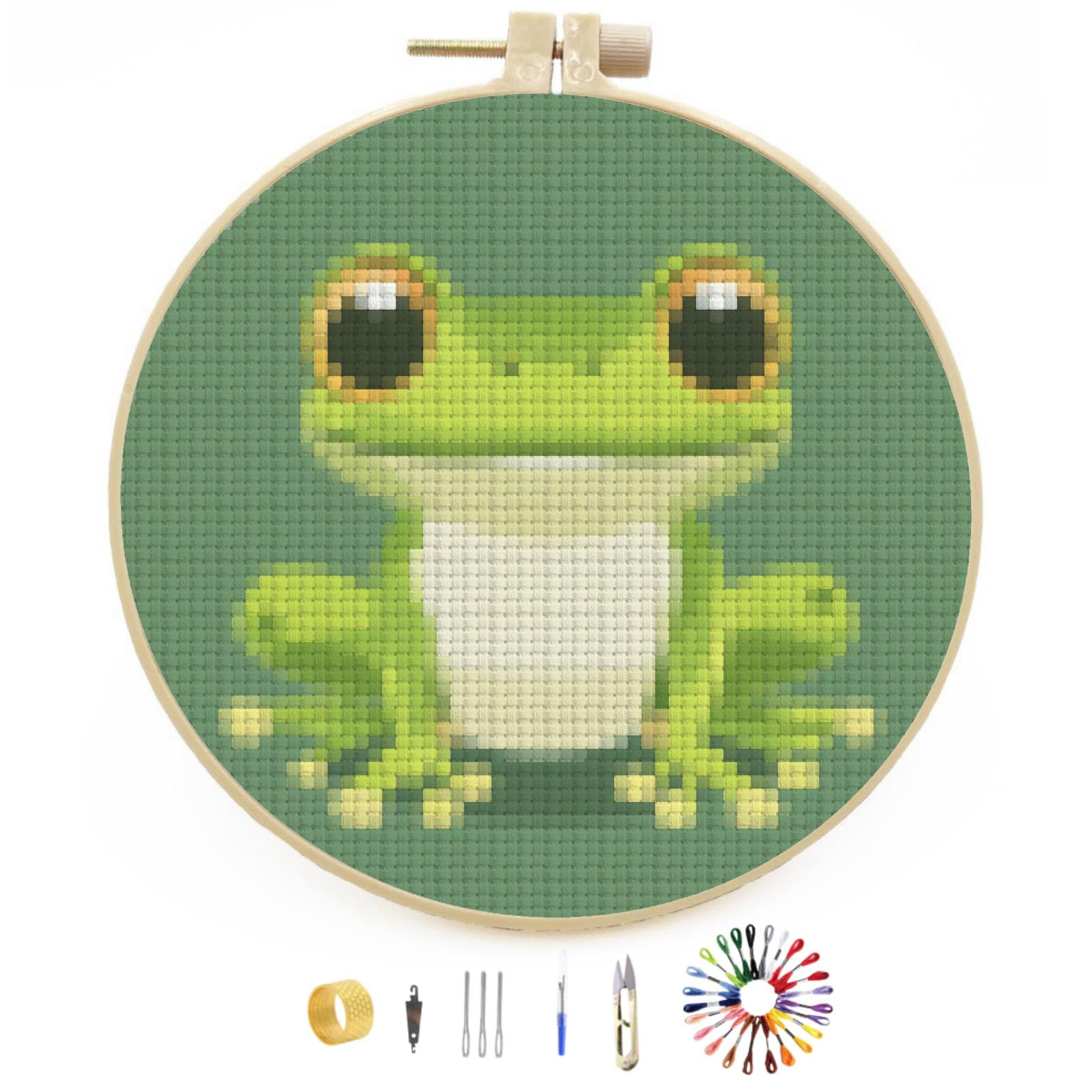 Easy Stamped Cartoon Cute Green Frog Cross Stitch Kits for Beginners with Hoop Simple Patterns ...