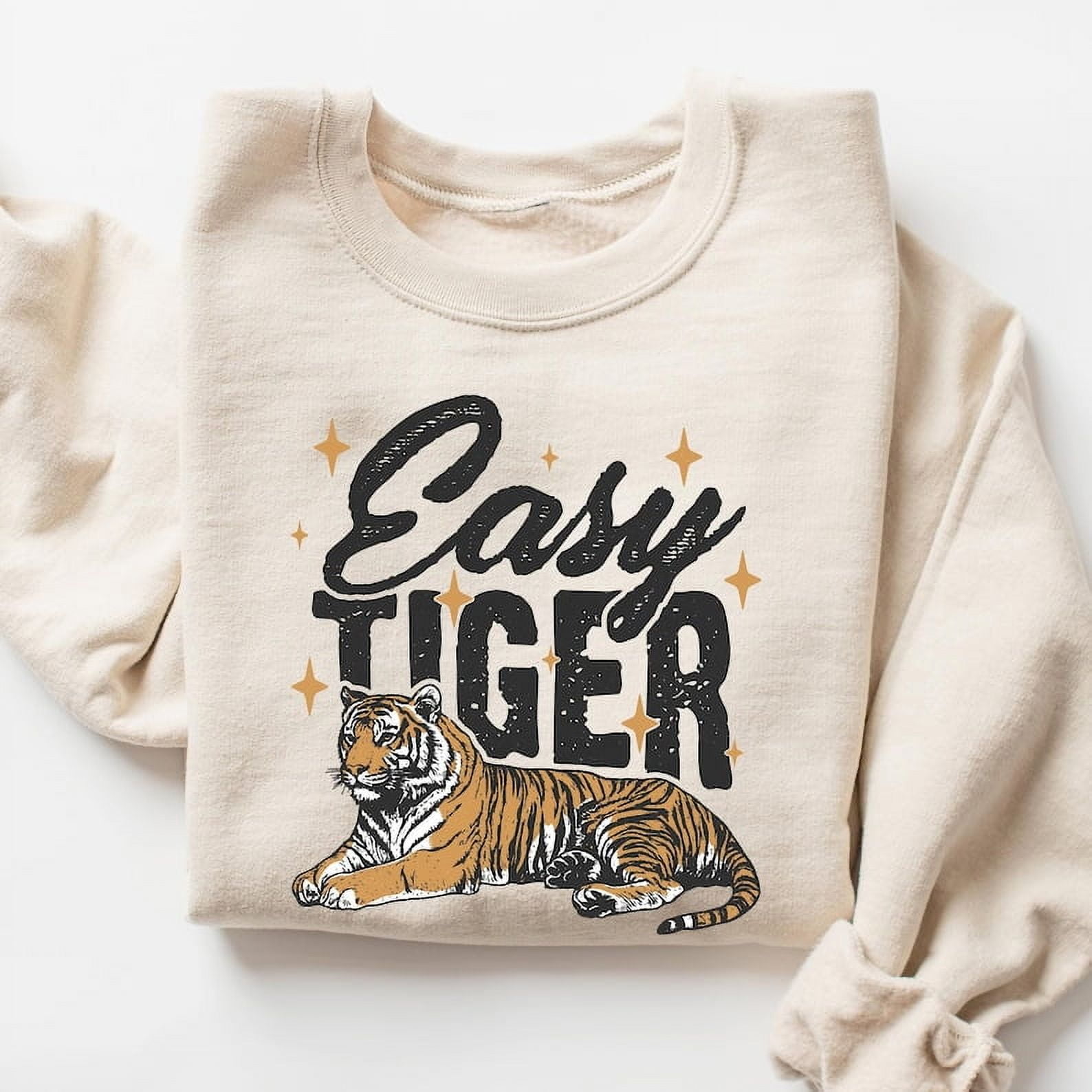 Easy Tiger Sweatshirt, Trendy Retro Tiger Shirt, Oversized Women's Sweatshirt, Boho Aesthetic ...