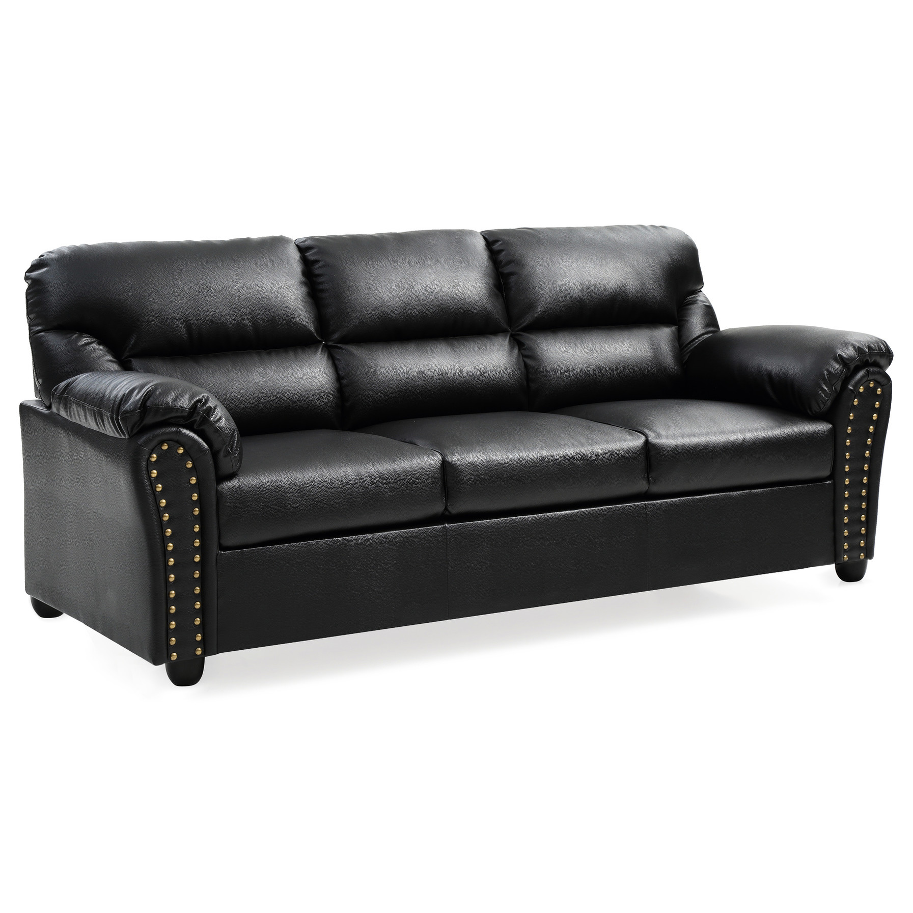 Easy-to-assemble 3-seat black faux leather sofa with foam filler for ...