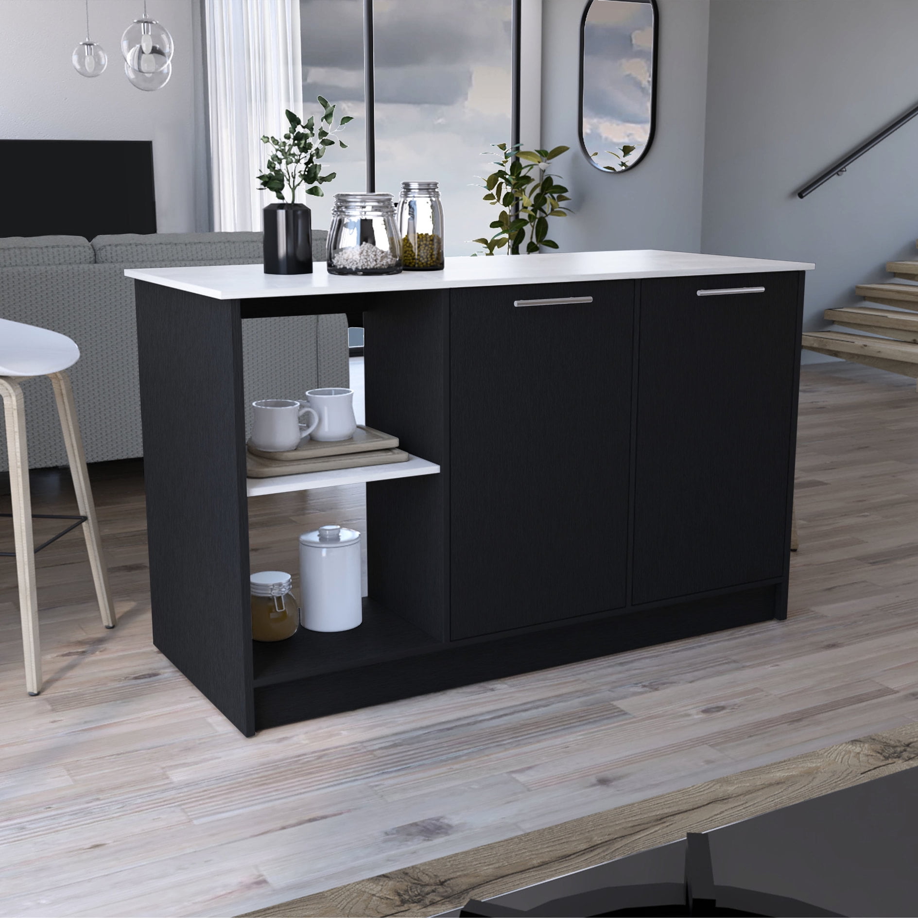 Easy-to-assemble Rectangular Stationary Kitchen Island with Double Door ...