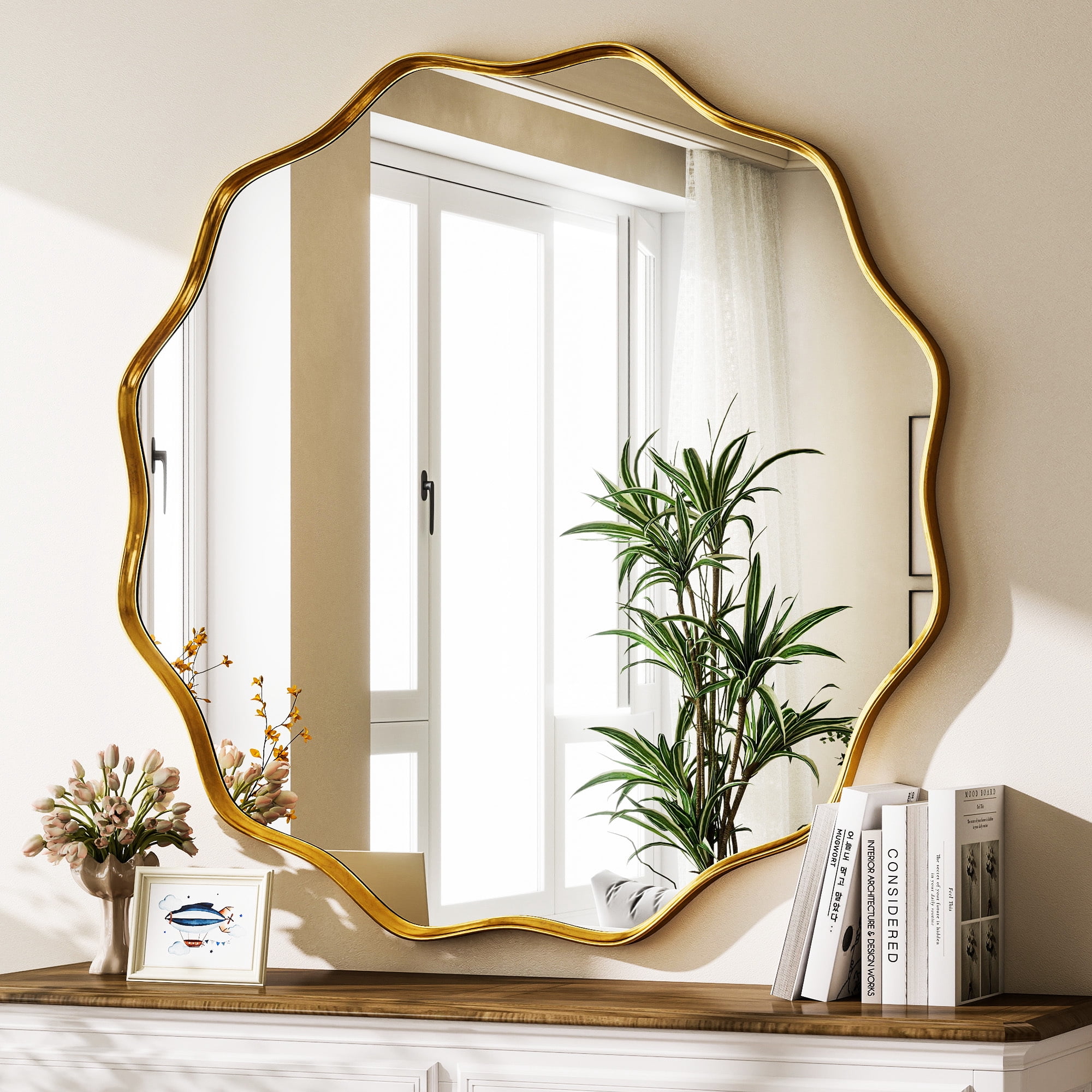 Easy4Home 24.2" Wavy Round Bathroom Mirror Wall Mounted Decorative ...