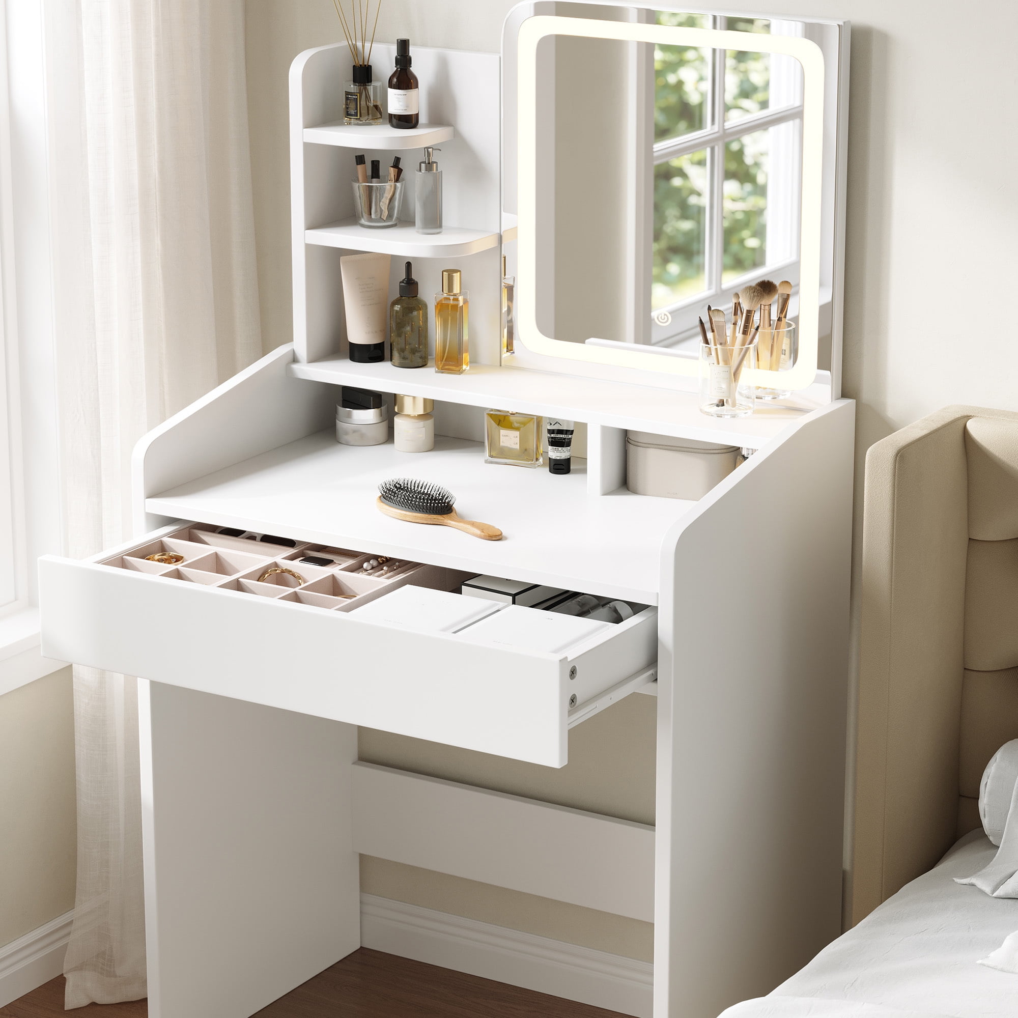Easy4Home Compact Makeup Vanity Desk with LED Mirror and Storage, Small ...