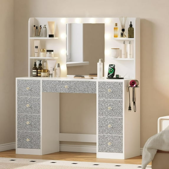 Easy4Home Makeup Vanity Desk with LED Mirror, Dressing Table with 9 ...
