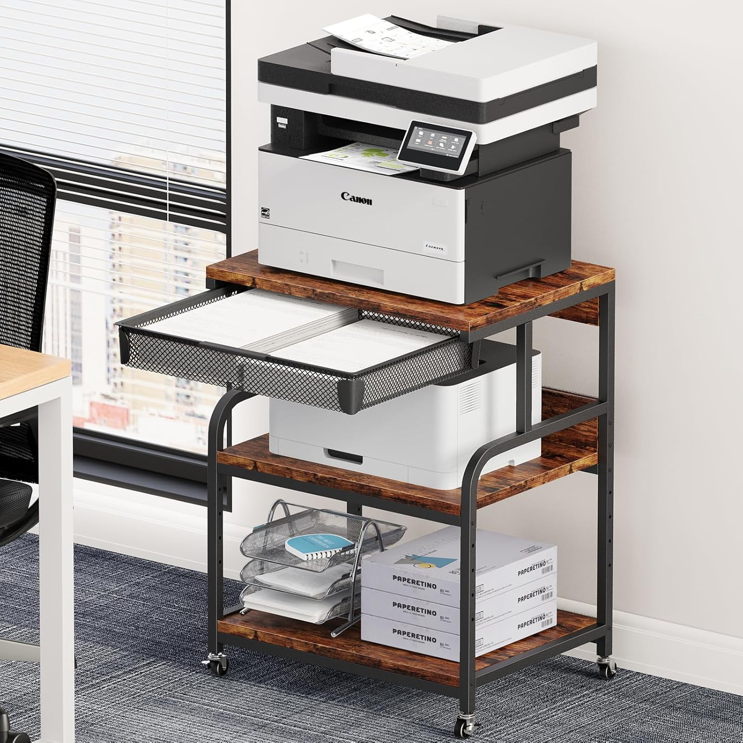 EasyCom 23.6''x18.9'' Extra Large Printer Stand with Drawer, 5-Adjustable Heights 3 Tier Printer ...