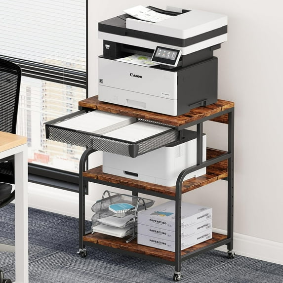 EasyCom 23.6''x18.9'' Extra Large Printer Stand with Drawer, 5-Adjustable Heights 3 Tier Printer ...