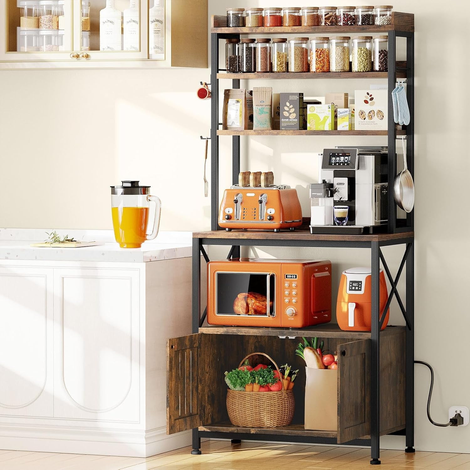 EasyCom 67'' x 32'' Kitchen Bakers Rack with Power Outlet, 6-Tier Microwave Stand with Storage ...