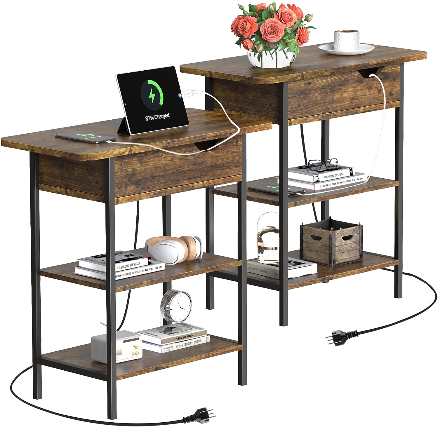 EasyCom End Table with Charging Station Set of 2, Small 3 Tier Side Bed ...