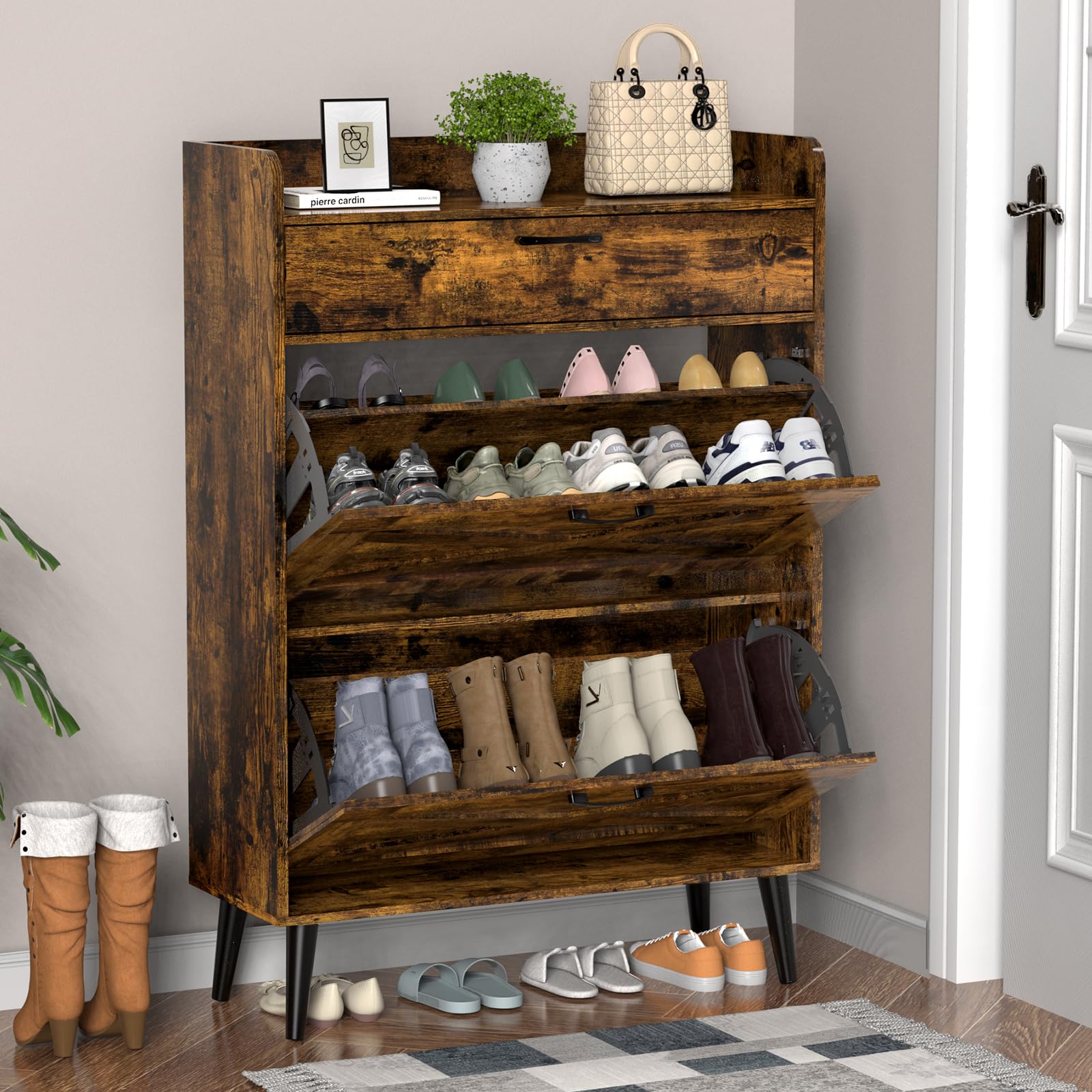 EasyCom Shoe Storage Cabinet, 2 Flip Drawers & Top Drawer Shoe Cabinet ...