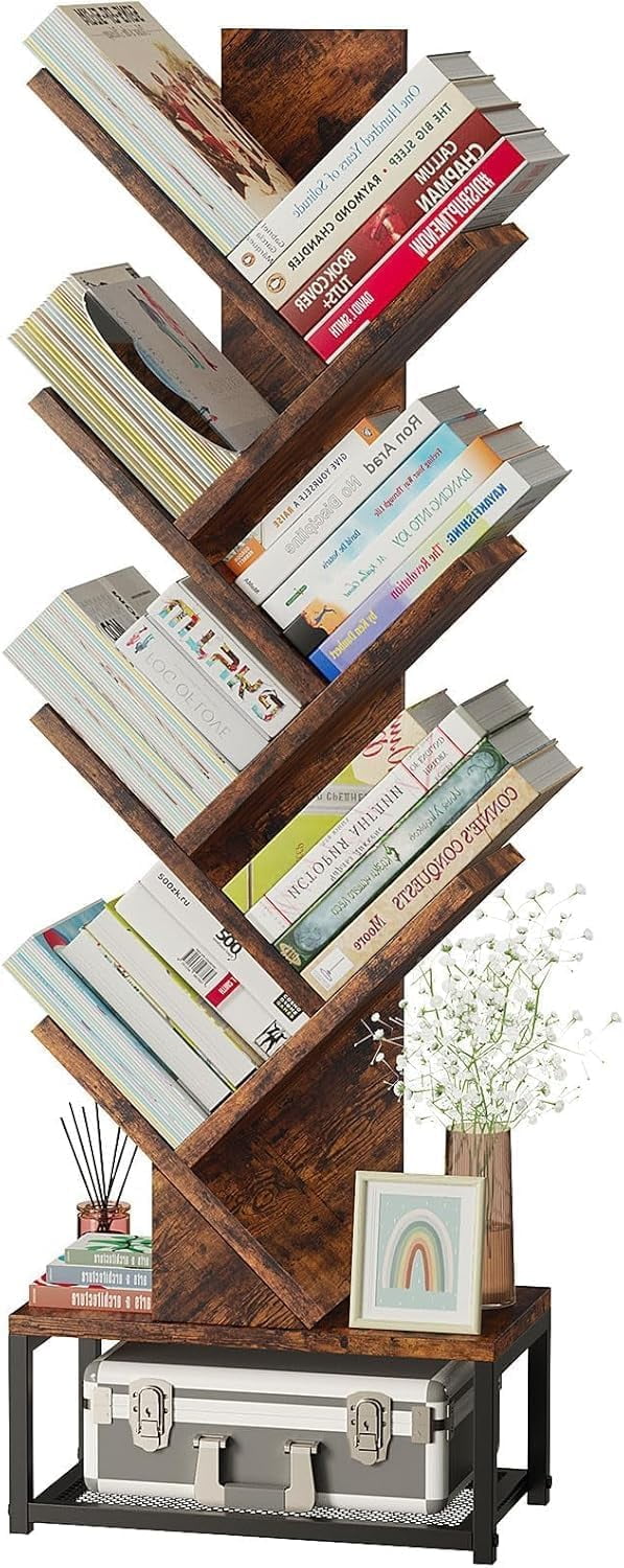 EasyCom Tree Bookshelf Metal Base, 7 Tier Bookcase Storage, Floor Standing Bookshelf Organizer ...
