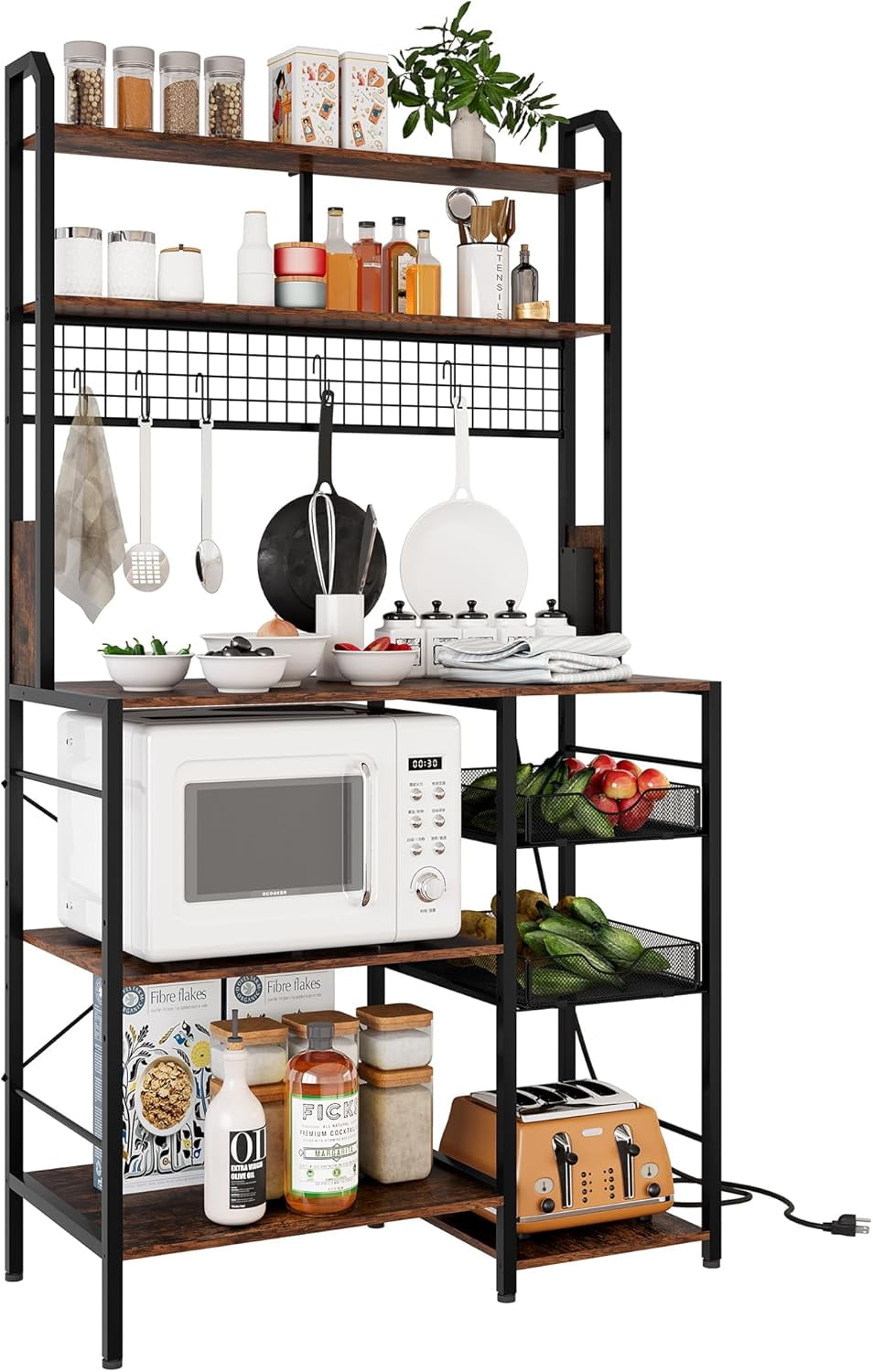 EasyPAG Bakers Rack with Power Outlet,Coffee Bar with Wire Basket ...