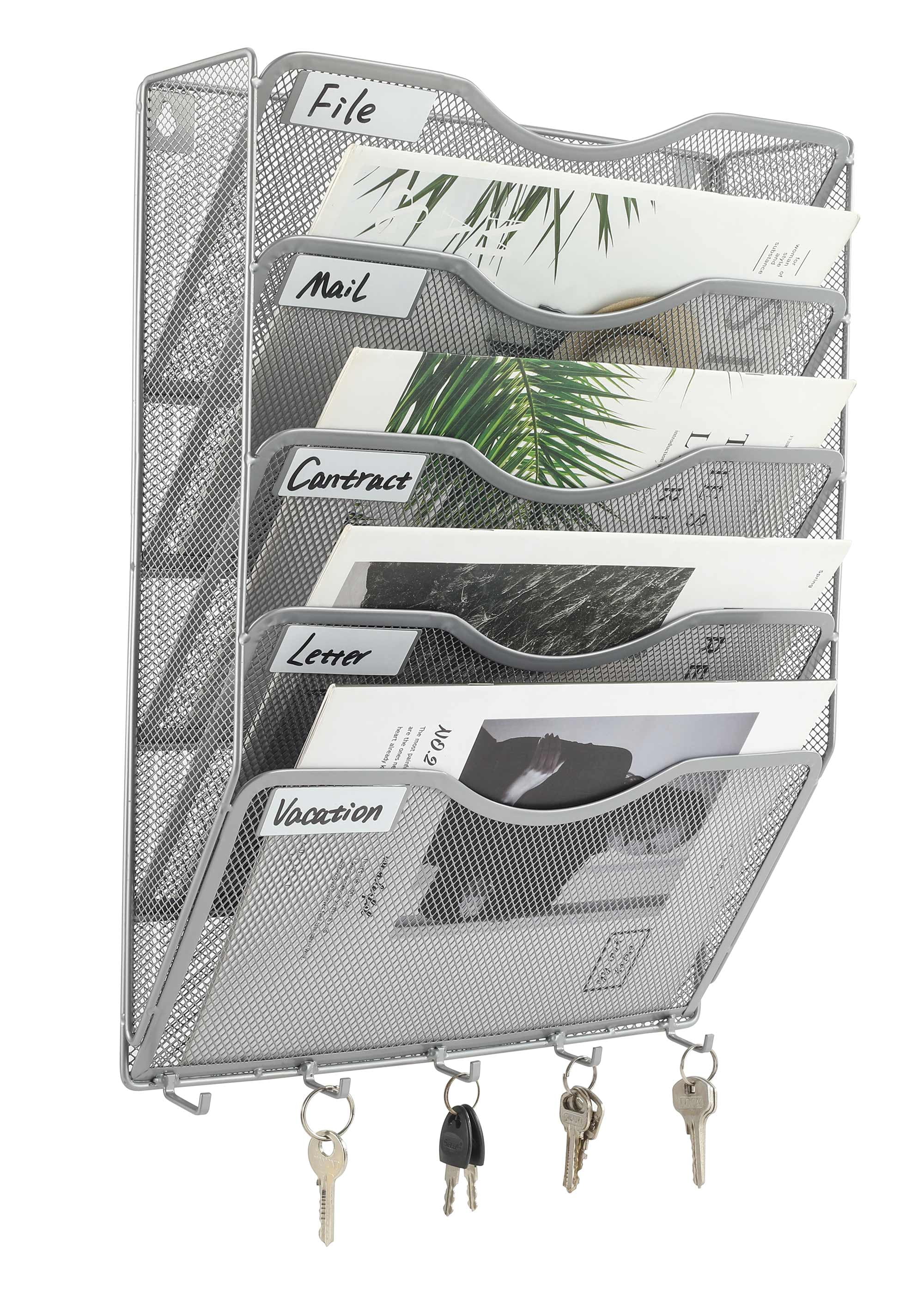 EasyPAG Wall Mount File Organizer with Key Hooks 5 Pocket Vertical Mesh ...