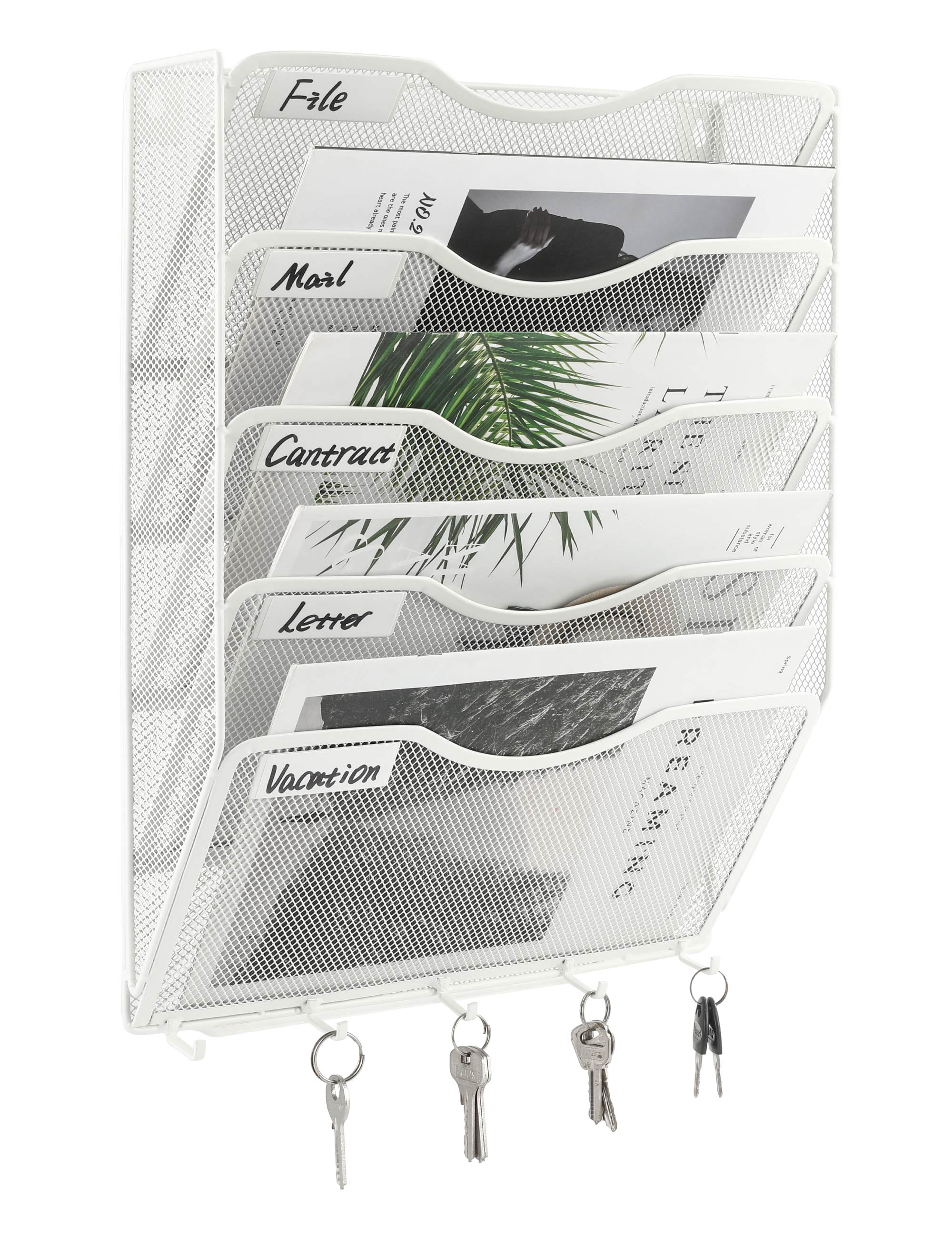 EasyPAG Wall Mount File Organizer with Key Hooks 5 Pocket Vertical Mesh ...