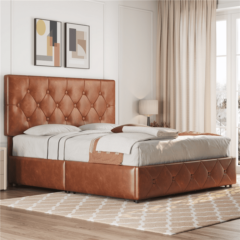 Free Shipping Renwick Diamond Button Tufted Upholstered Platform Bed with Storage Queen Amber Brown Walmart