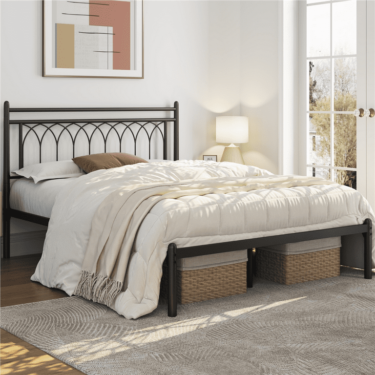 Free Shipping Renwick Jasmine Modern Metal Bed Frame with Petal Accented Headboard Queen Black Walmart