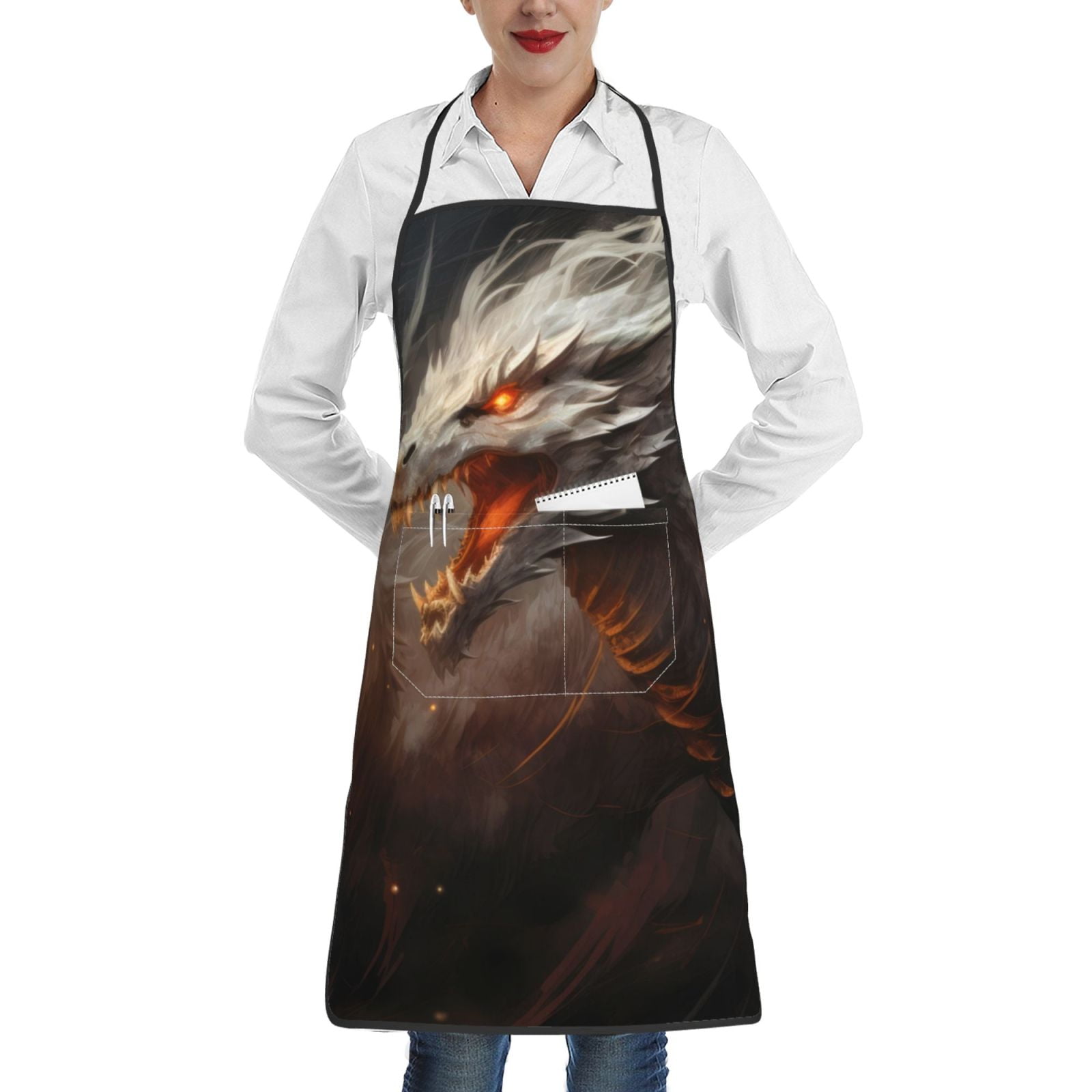 Easygdp Abstract White Dragon Apron Waterdrop Resistant with 2 Pockets ...