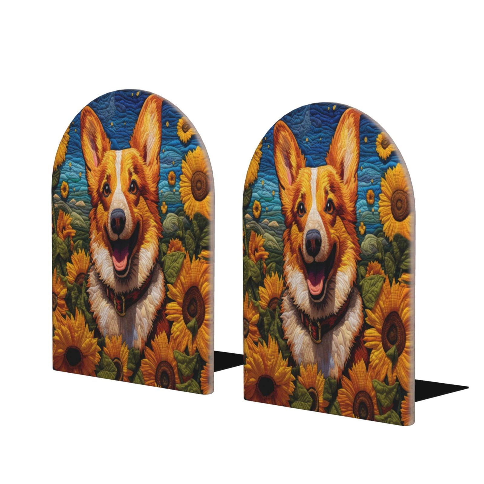 Easygdp Artistic Sunflower Corgi 2 Pcs Bookend Large Capacity Office ...