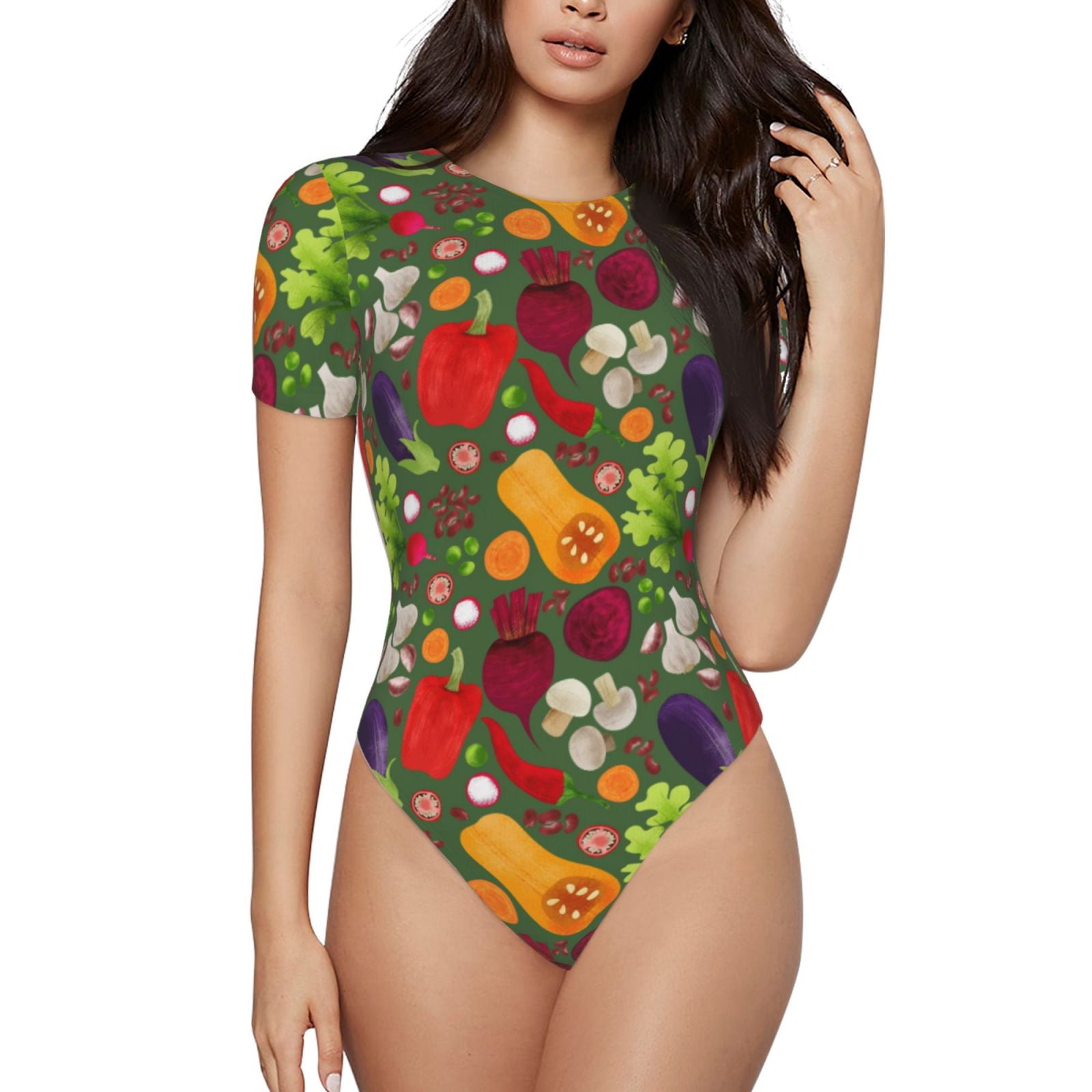 Easygdp Begetable Womens One Piece Swimsuit Slim Fit Crew Neck