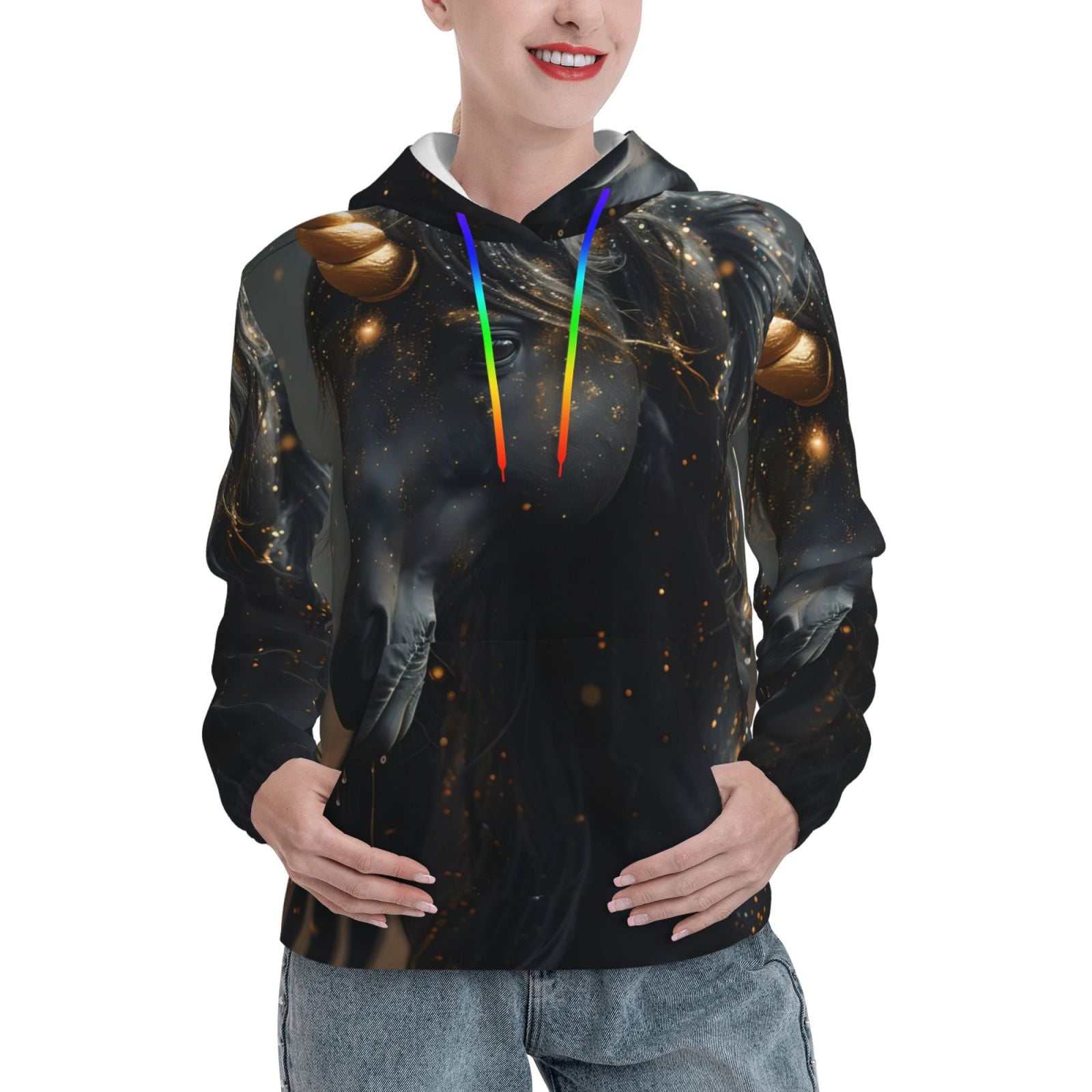 Easygdp Black And Gold White Horse Womens Casual Hoodies Sweatshirts Long Sleeve Pullover Fall ...