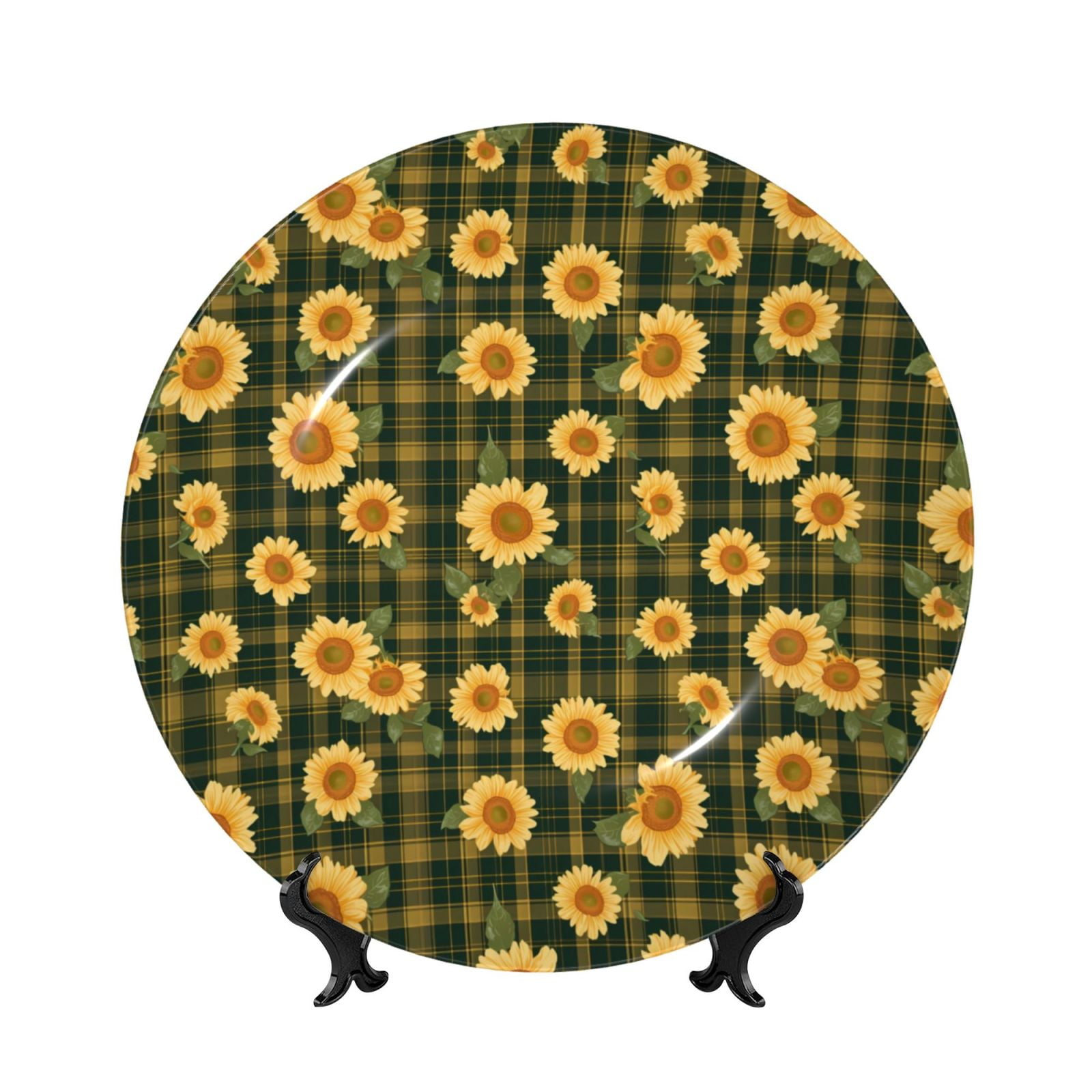 Easygdp Black Ink Green Plaid Sunflower Bone China Decorative Plate ...