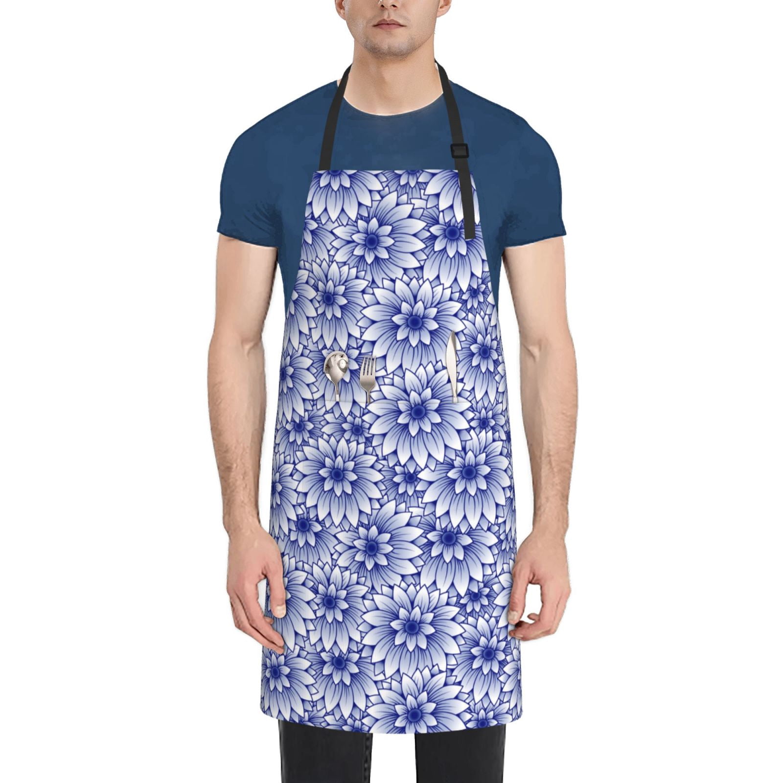 Easygdp Blue And White Flowers Waterproof Apron with Pockets Adjustable ...