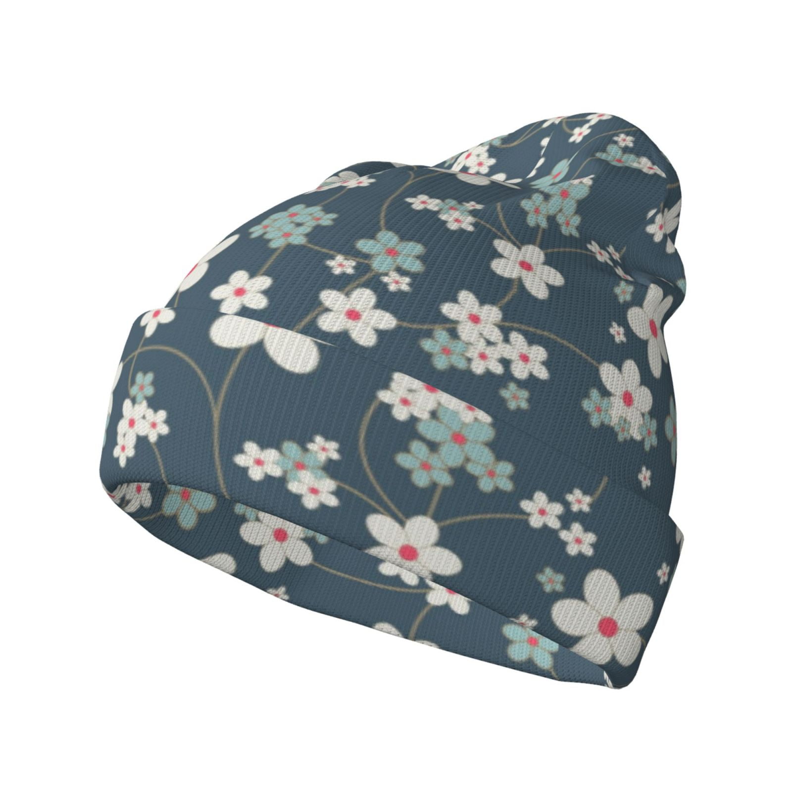 Easygdp Blue Flower Winter Beanie for Men Women Beanie Knit Hat Cuffed ...