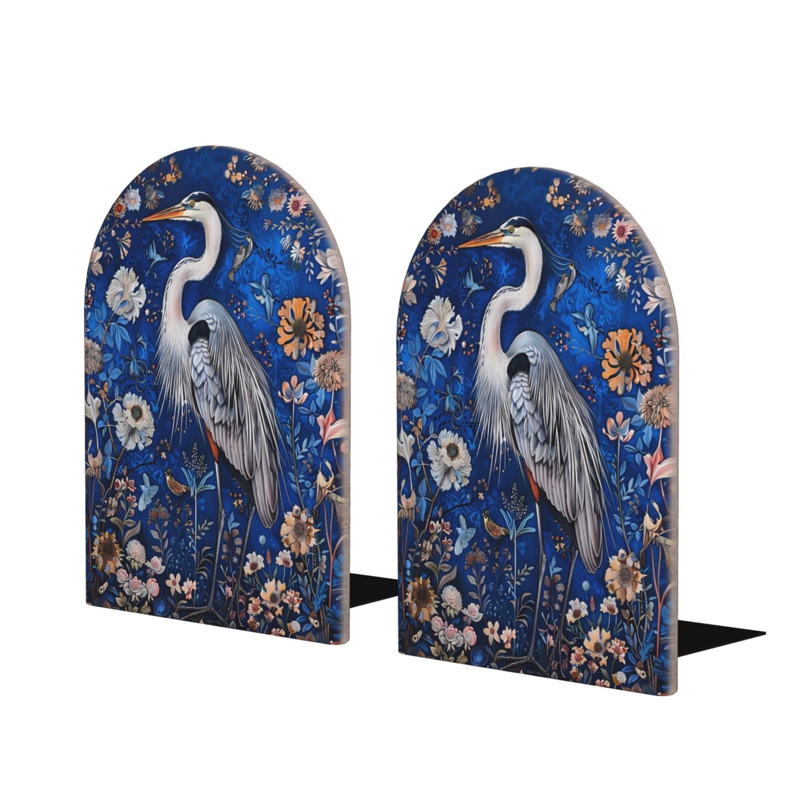 Easygdp Blue Heron Floral Garden 2 Pcs Bookend Large Capacity Office ...