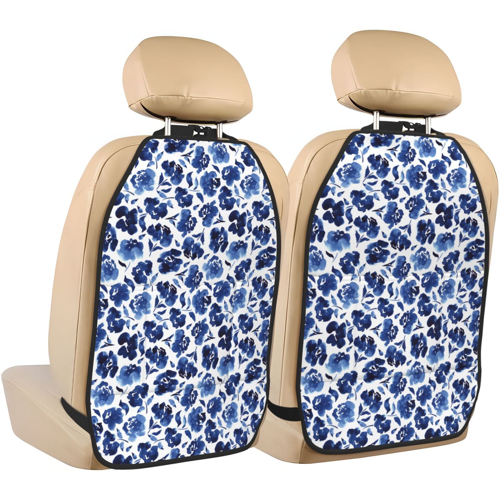 Easygdp Blue Ink Flowers Car Kick Mat Seat Cover 2 Pcs Anti-Kick ...