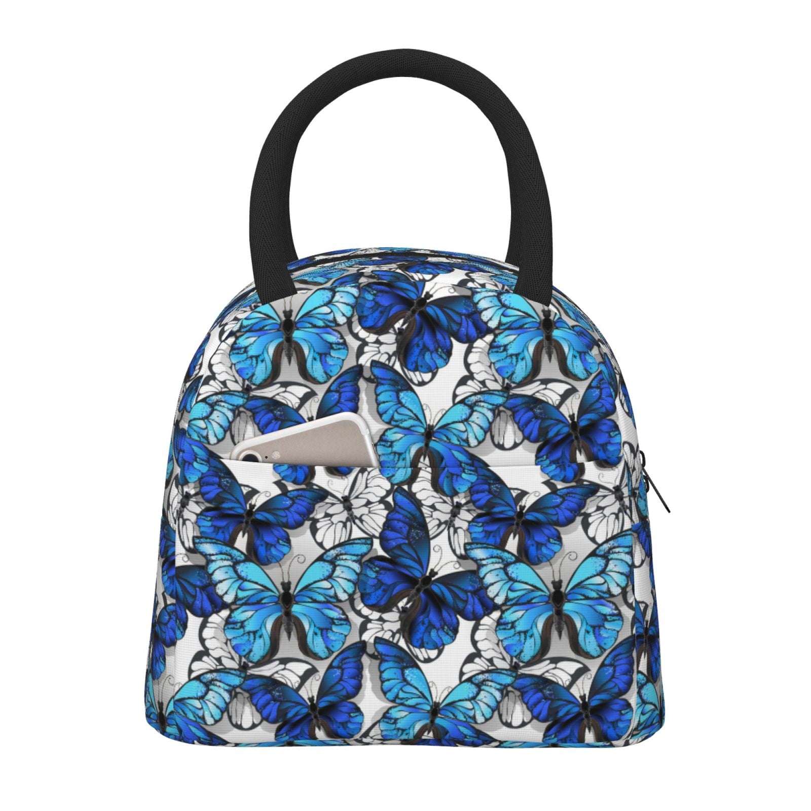 Easygdp Blue and White Butterflies Large Insulated Lunch Bag，Aluminum ...