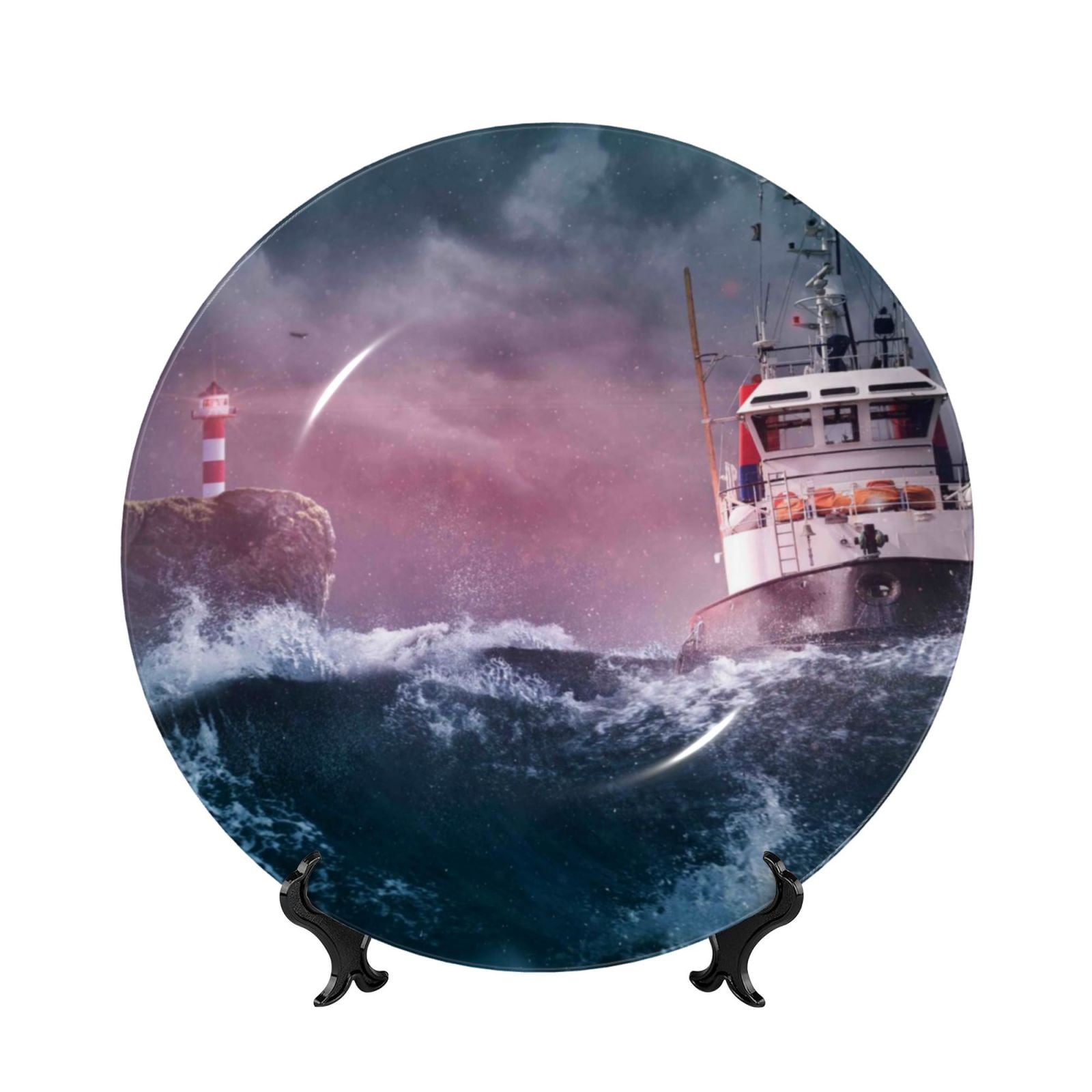 Easygdp Boat Lighthouse Storm Waves Bone China Decorative Plate Ceramic ...