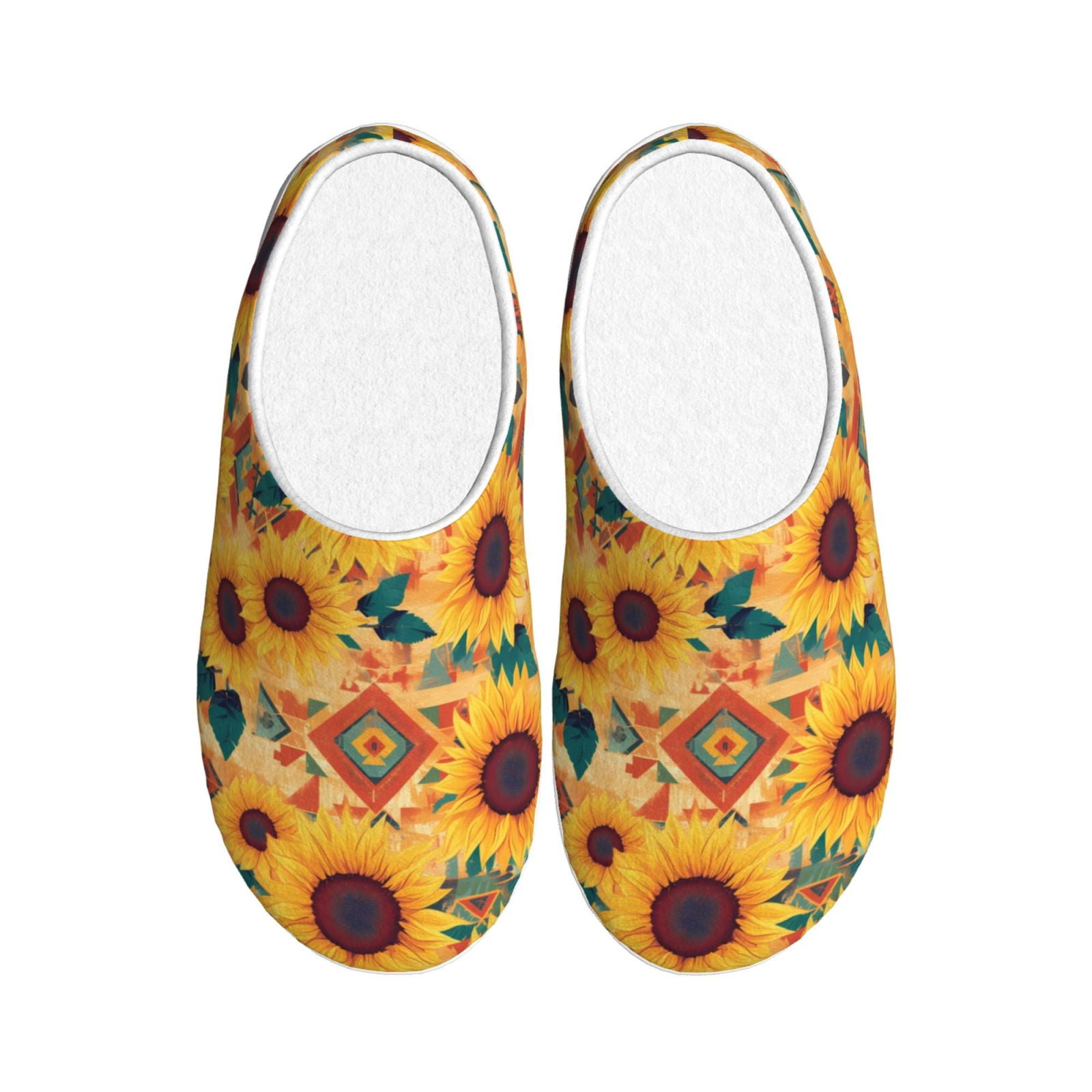 Easygdp Bohemian Sunflower Slippers for Women Mens Winter Warm Home ...