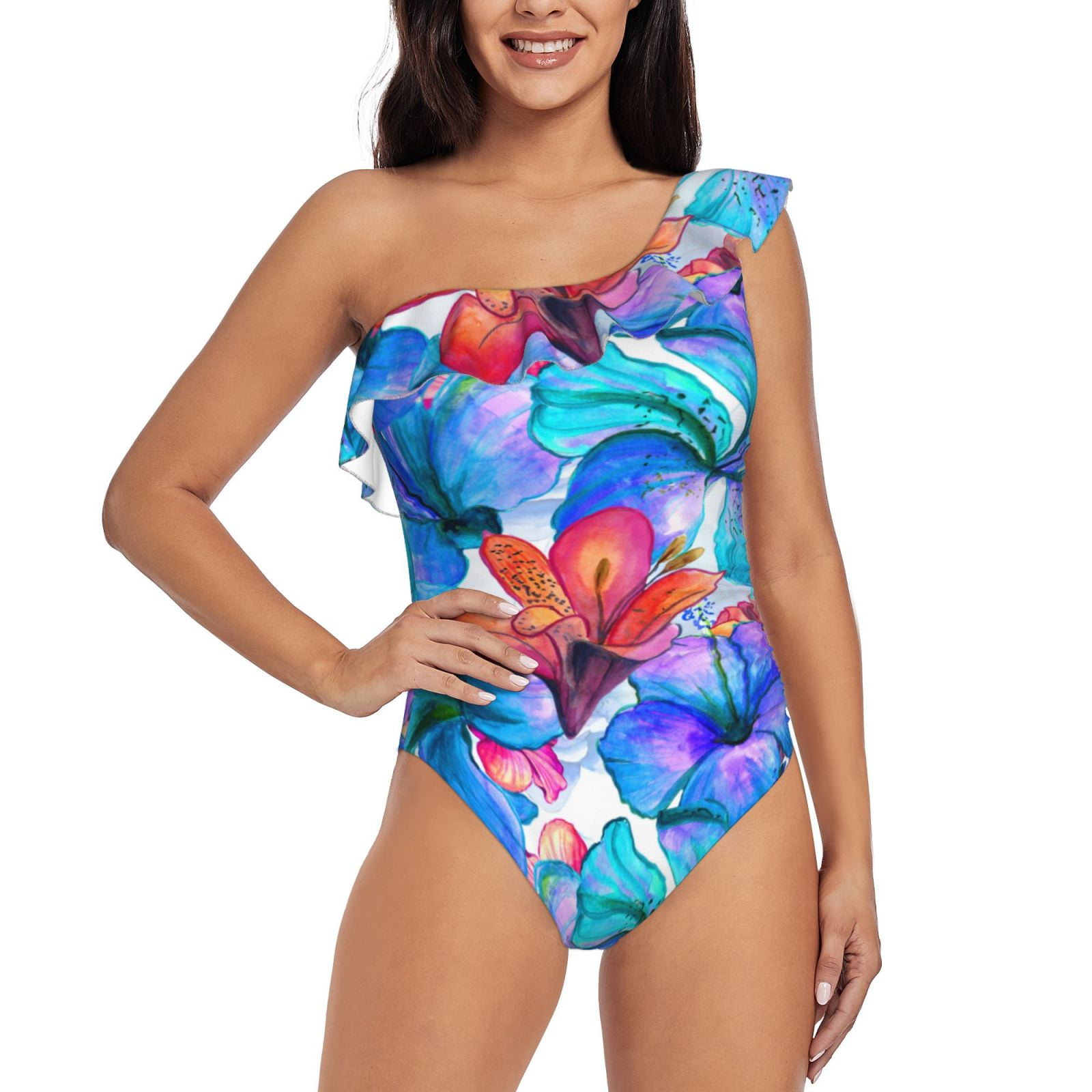 Easygdp Bright Flowers Womens One Shoulder Ruffle Monokini Bathing